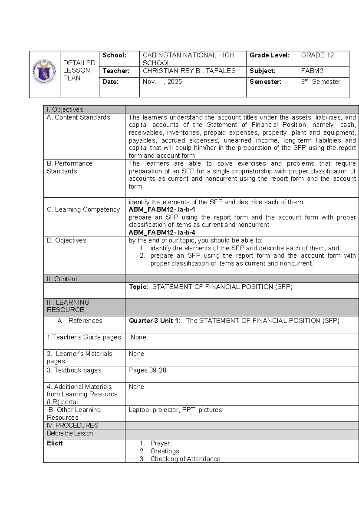 GRADE 12 FABM2: DETAILED LESSON PLAN on SFP - Studocu