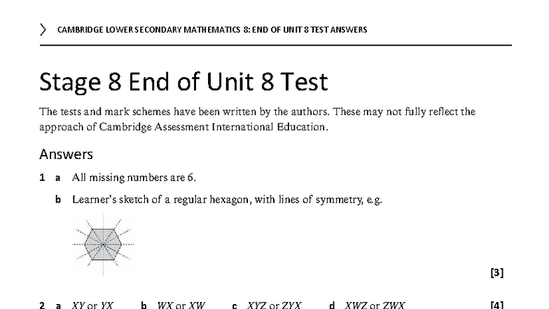 CAMBRIDGE LOWER SECONDARY MATH 8: END OF UNIT 8 TEST ANSWERS - Studocu