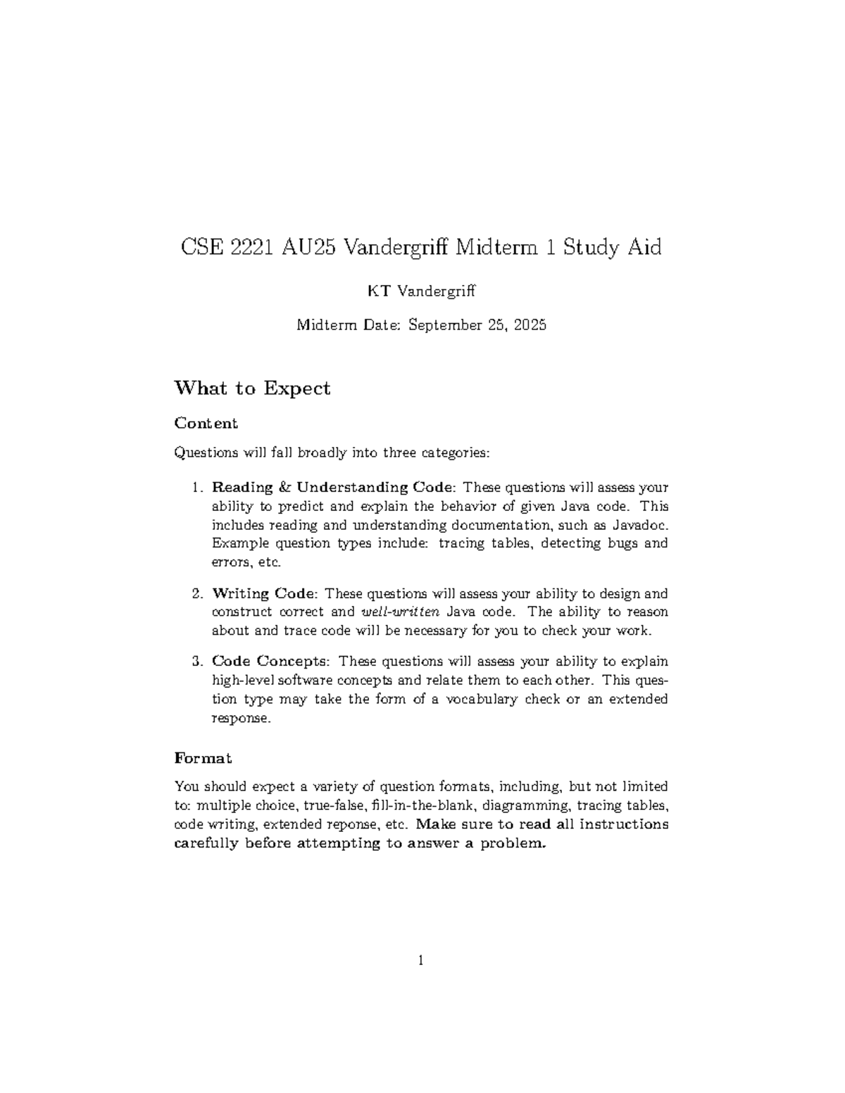 CSE 2221 AU25 Vandergriff Midterm 1 Study Aid & Code Concepts - Studocu