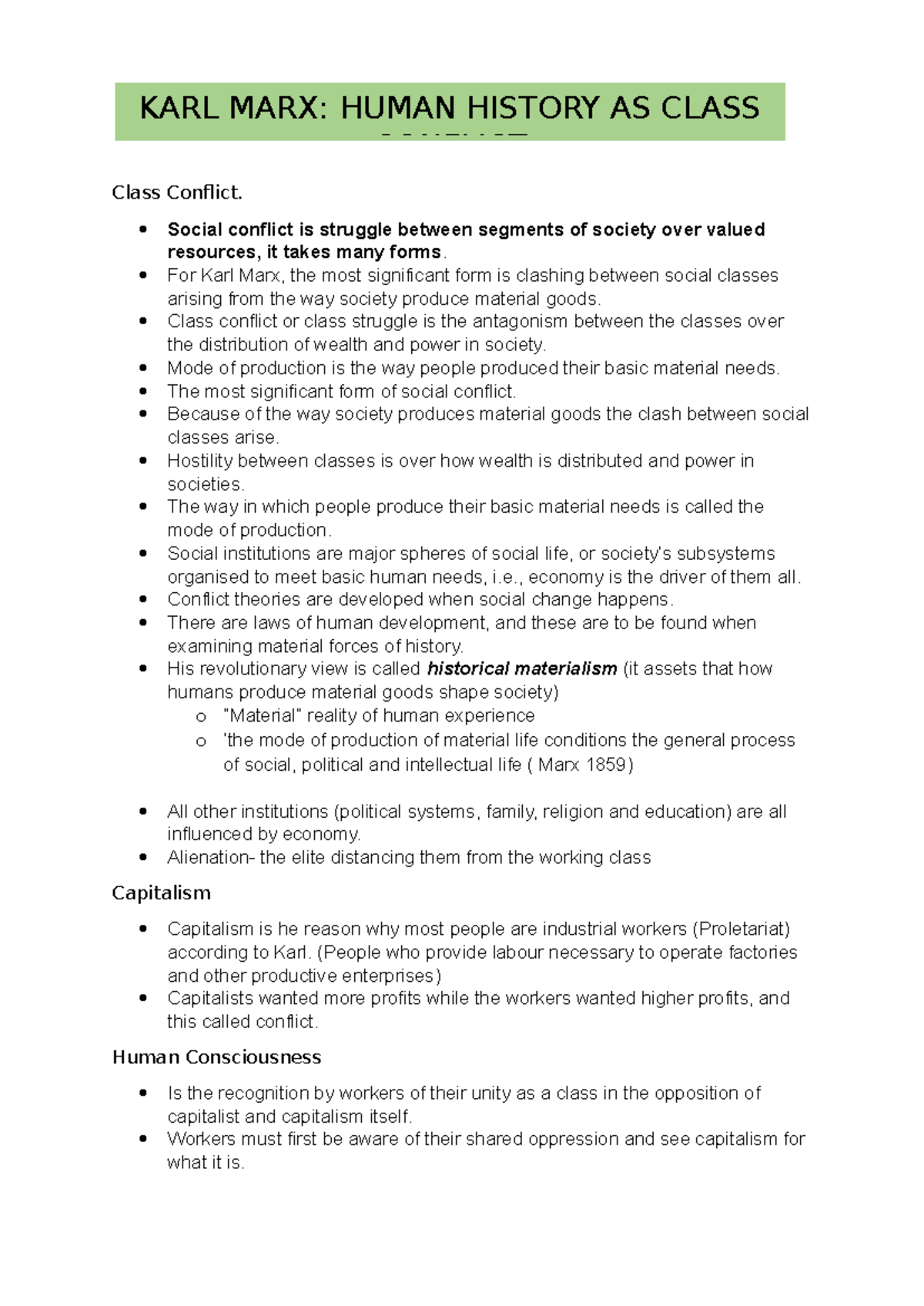 KARL MARX: Human History as Class Conflict - WEEK 3 Notes - Studocu