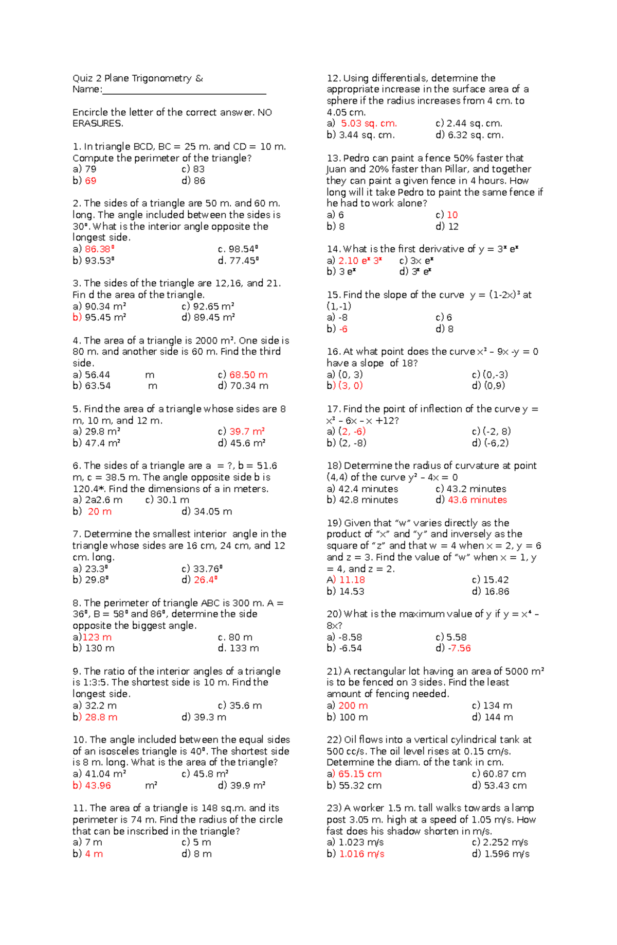 Quiz-2-tri.cal1 - Trigonometry - Quiz 2 Plane Trigonometry & - Studocu