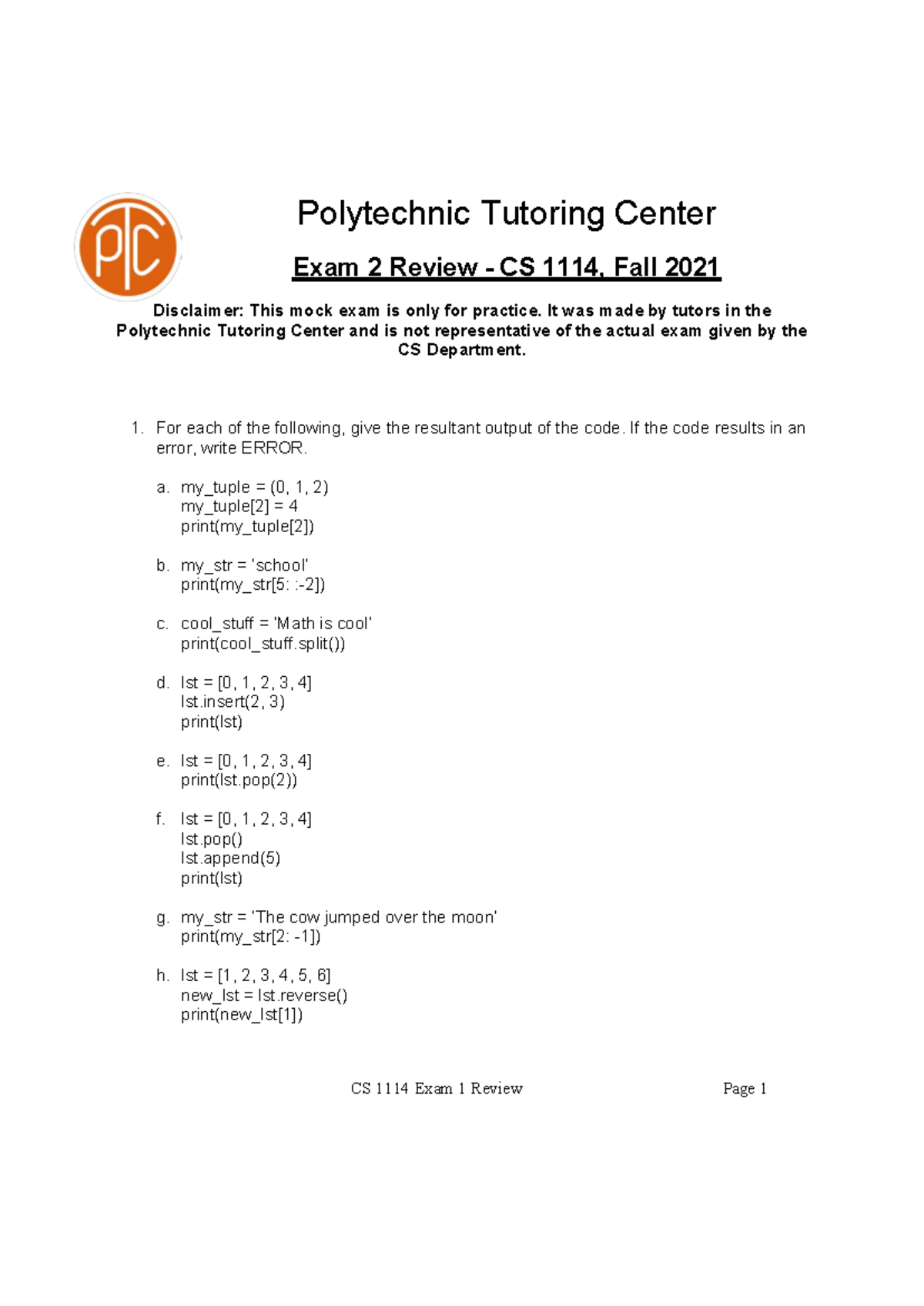 CS1114-mid2 practice - material - Polytechnic Tutoring Center Exam 2 ...