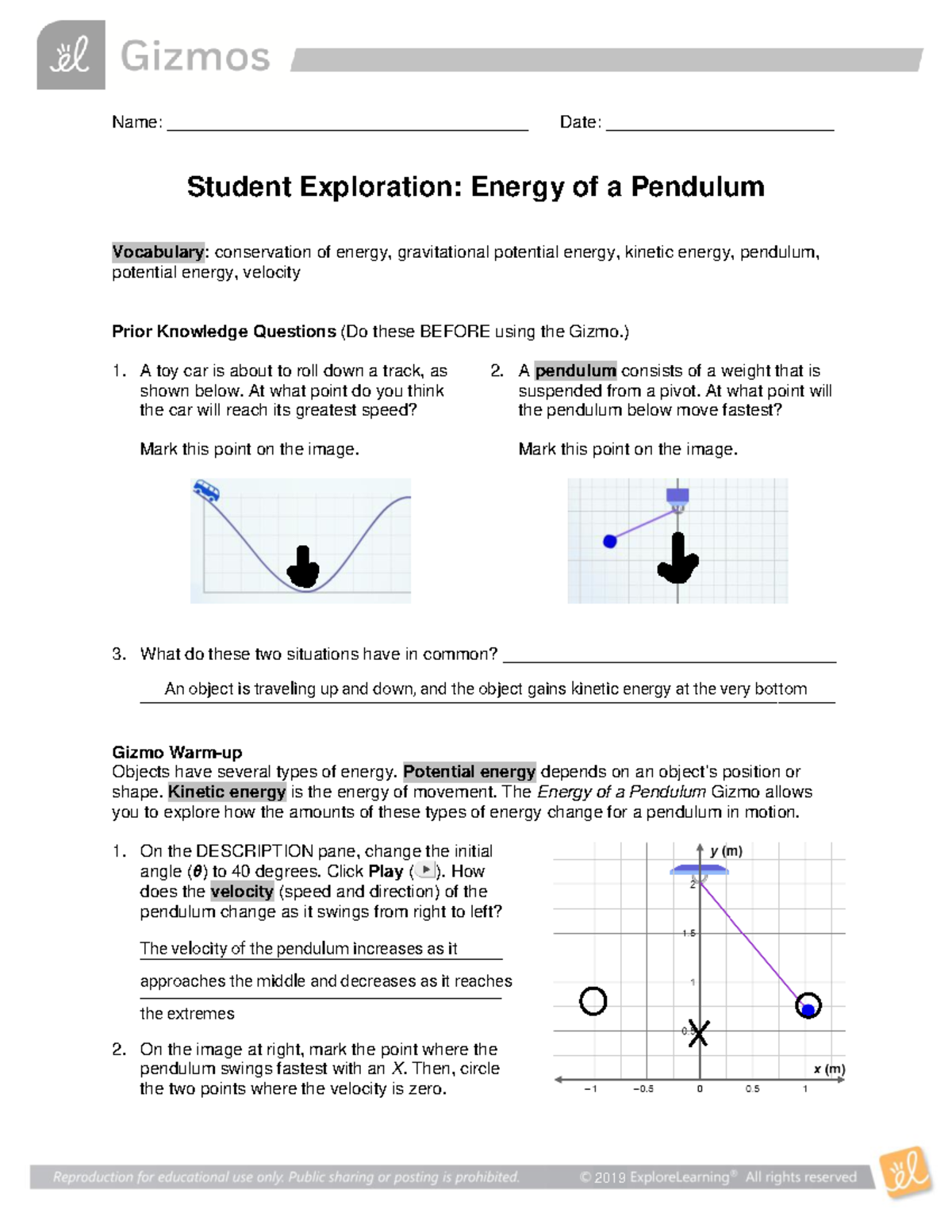 Energy of a Pendulum SE Answer Key - Student Exploration Guide - Studocu