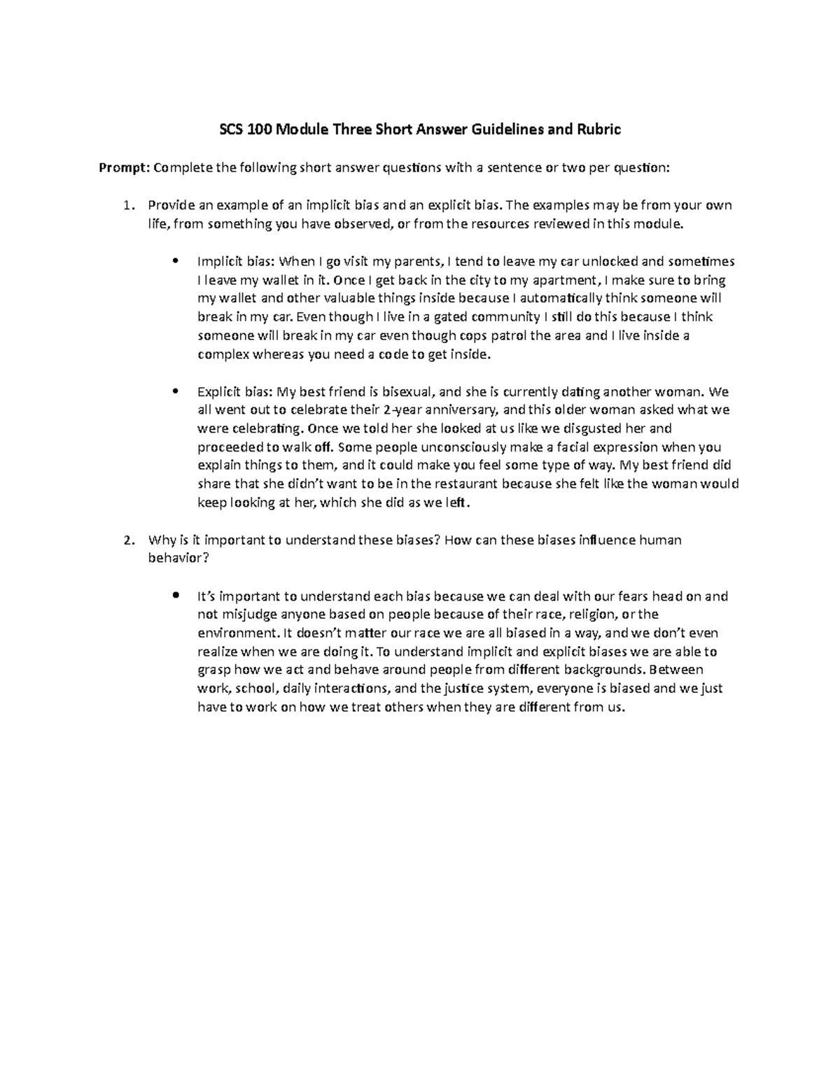 SCS 100 Module 3 Short Answer Guidelines & Bias Analysis Rubric - Studocu