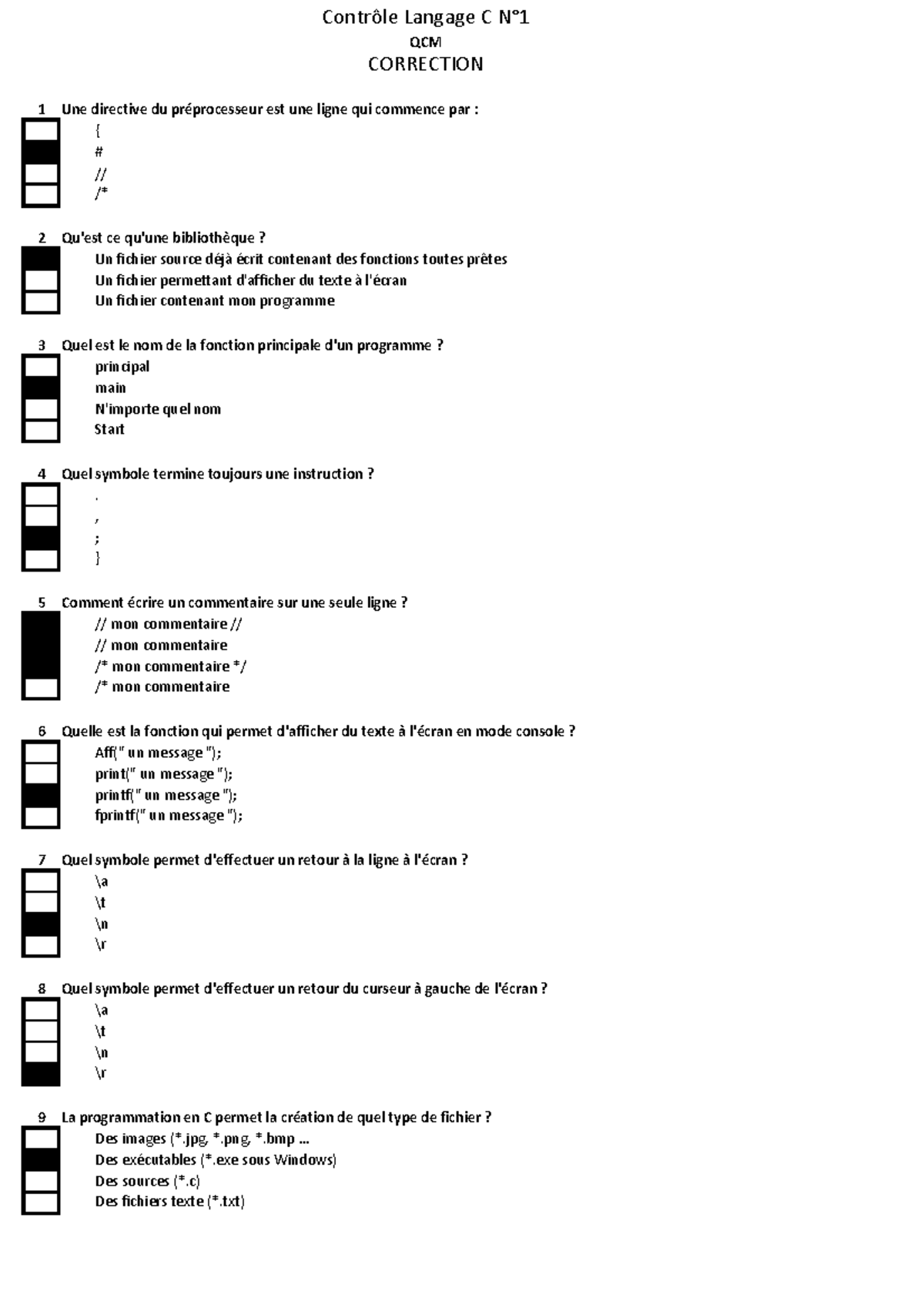 Correction QCM Langage C N°1 - Studocu