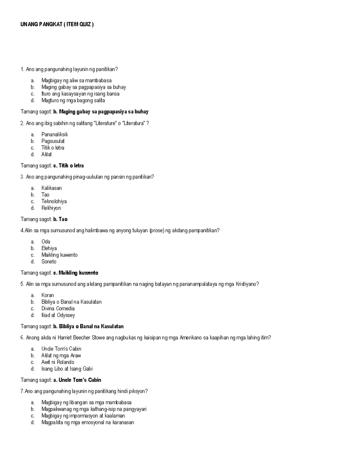 Unang Pangkat - Lecture Summary on Panitikan Principles and Quiz - Studocu