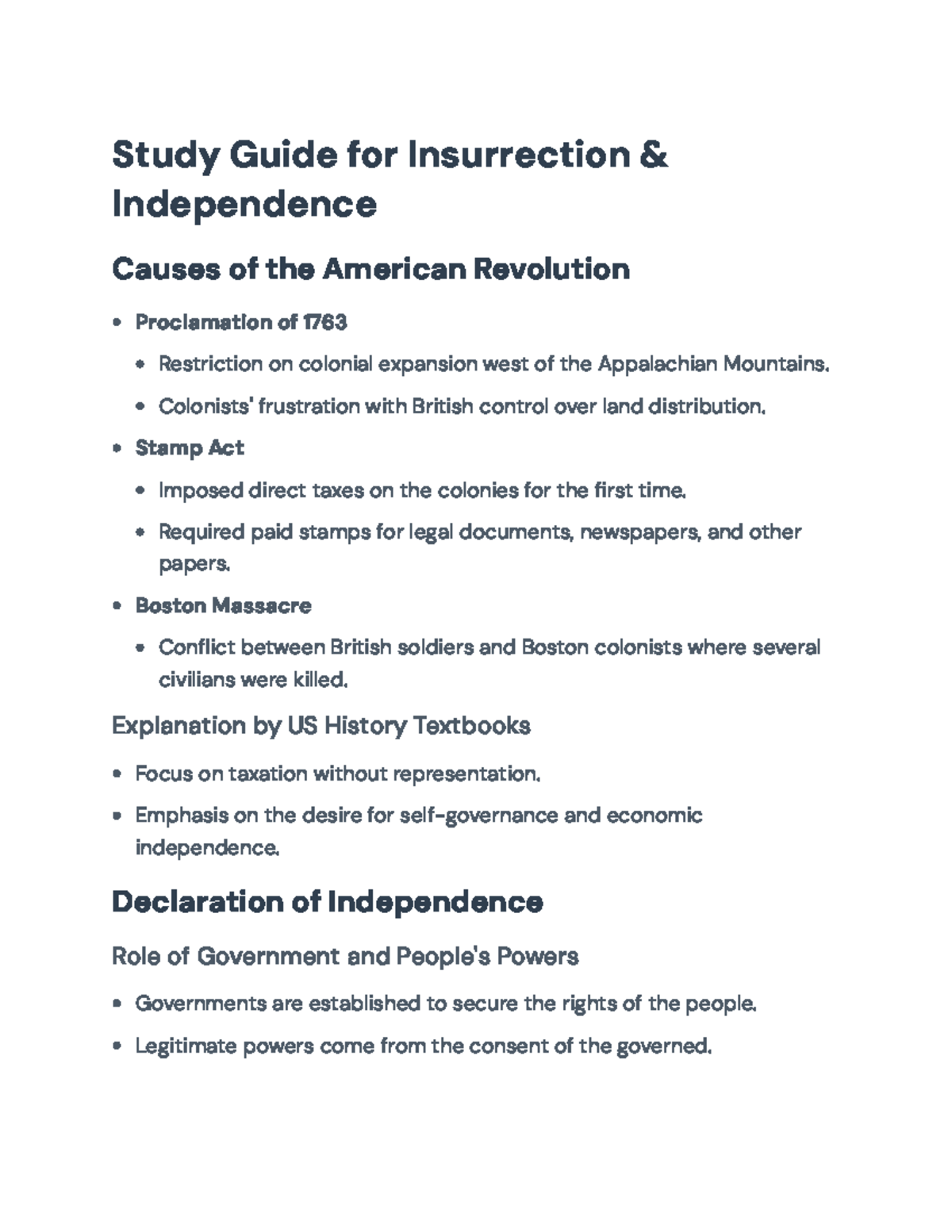 Study Guide for US History: Insurrection & Independence Overview ...