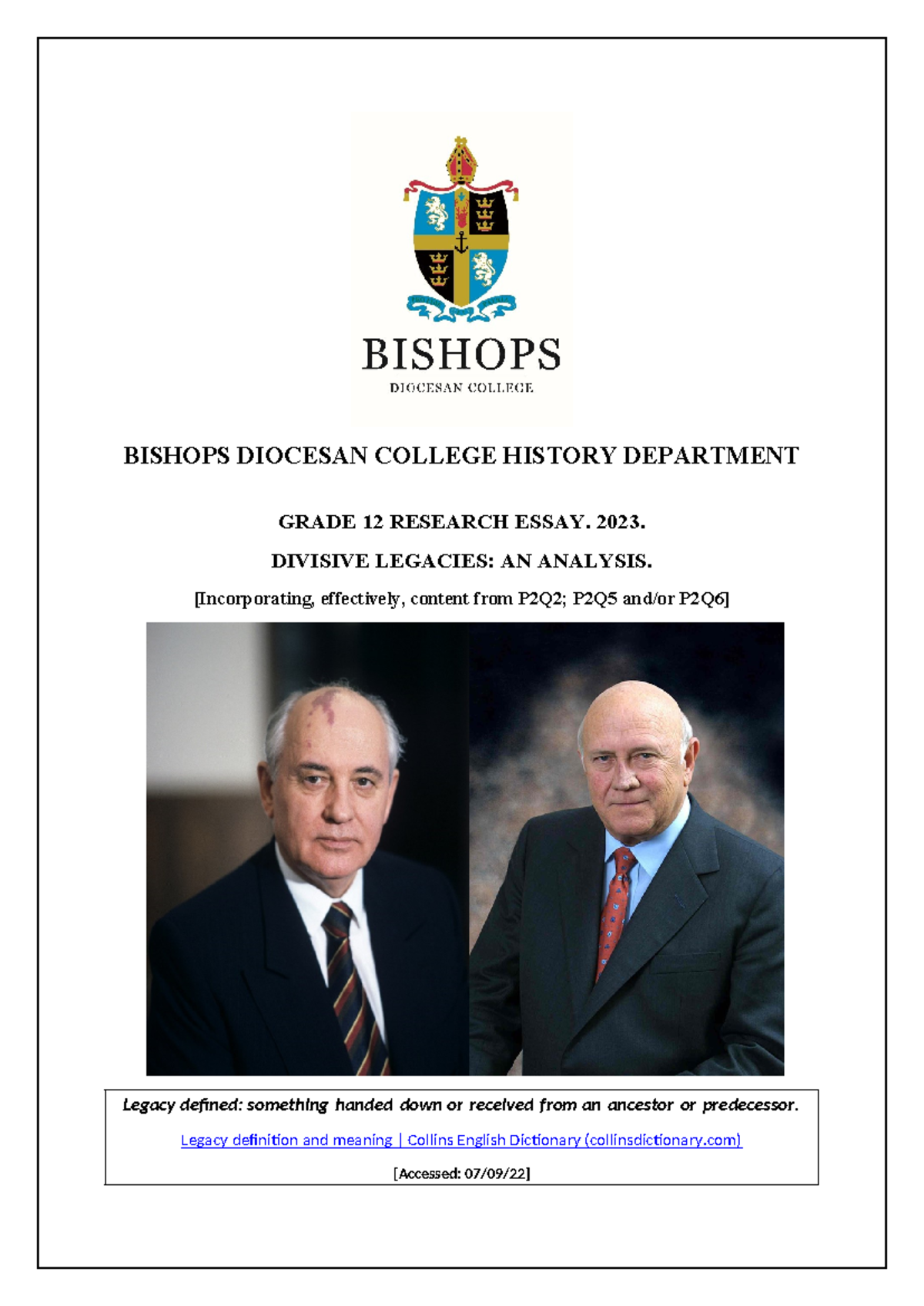 Grade 12 Research Essay: Divisive Legacies of Gorbachev & de Klerk 2023 ...