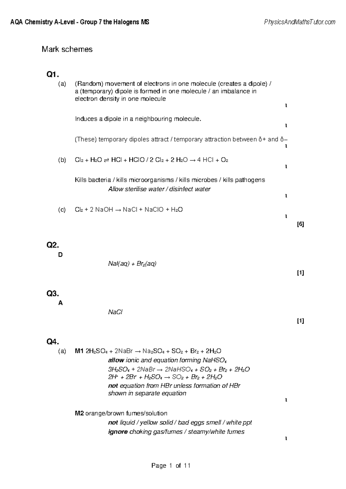 Group 7 the Halogens MS - ergr - Mark schemes Q1. (a) (Random) movement ...