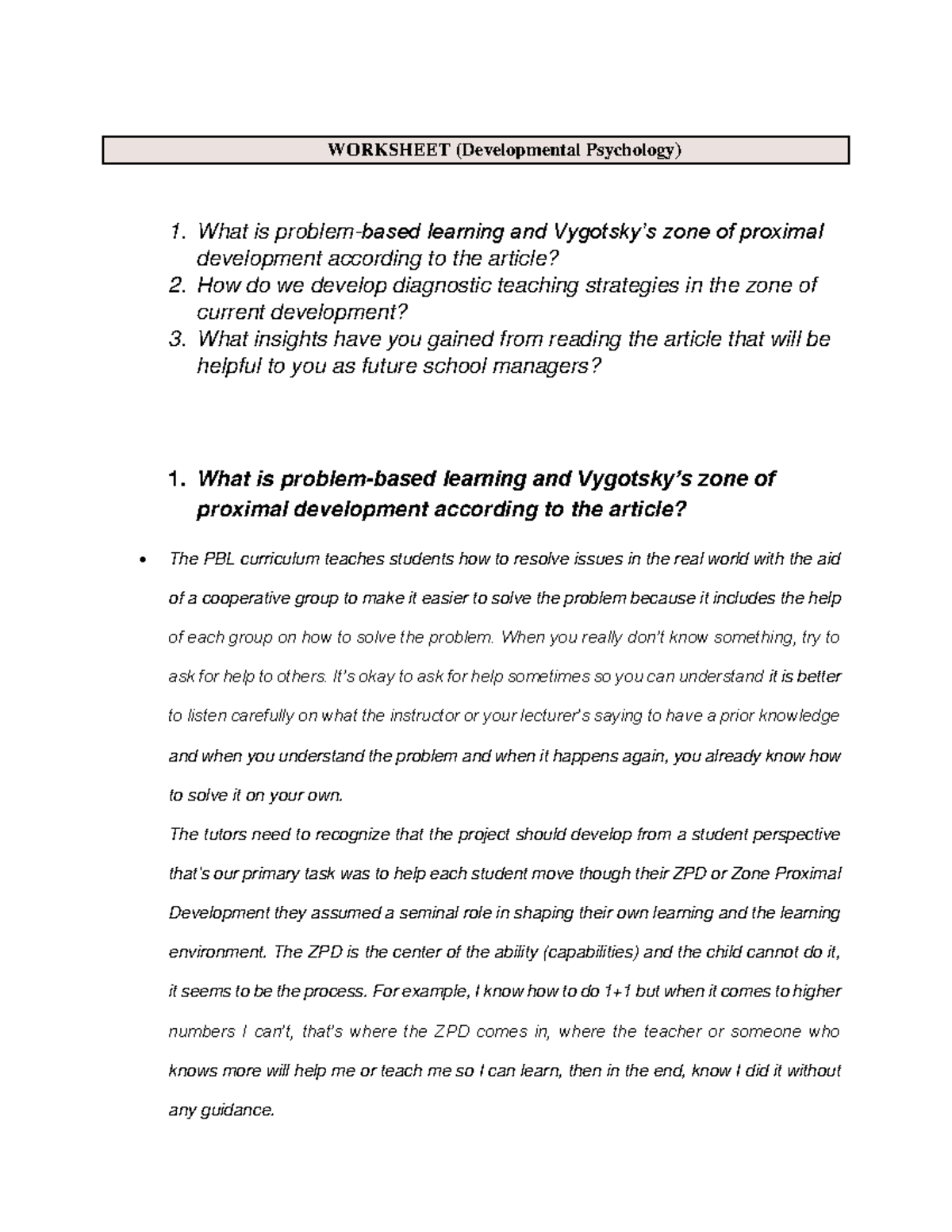 Developmental Psychology Worksheet - WORKSHEET (Developmental ...