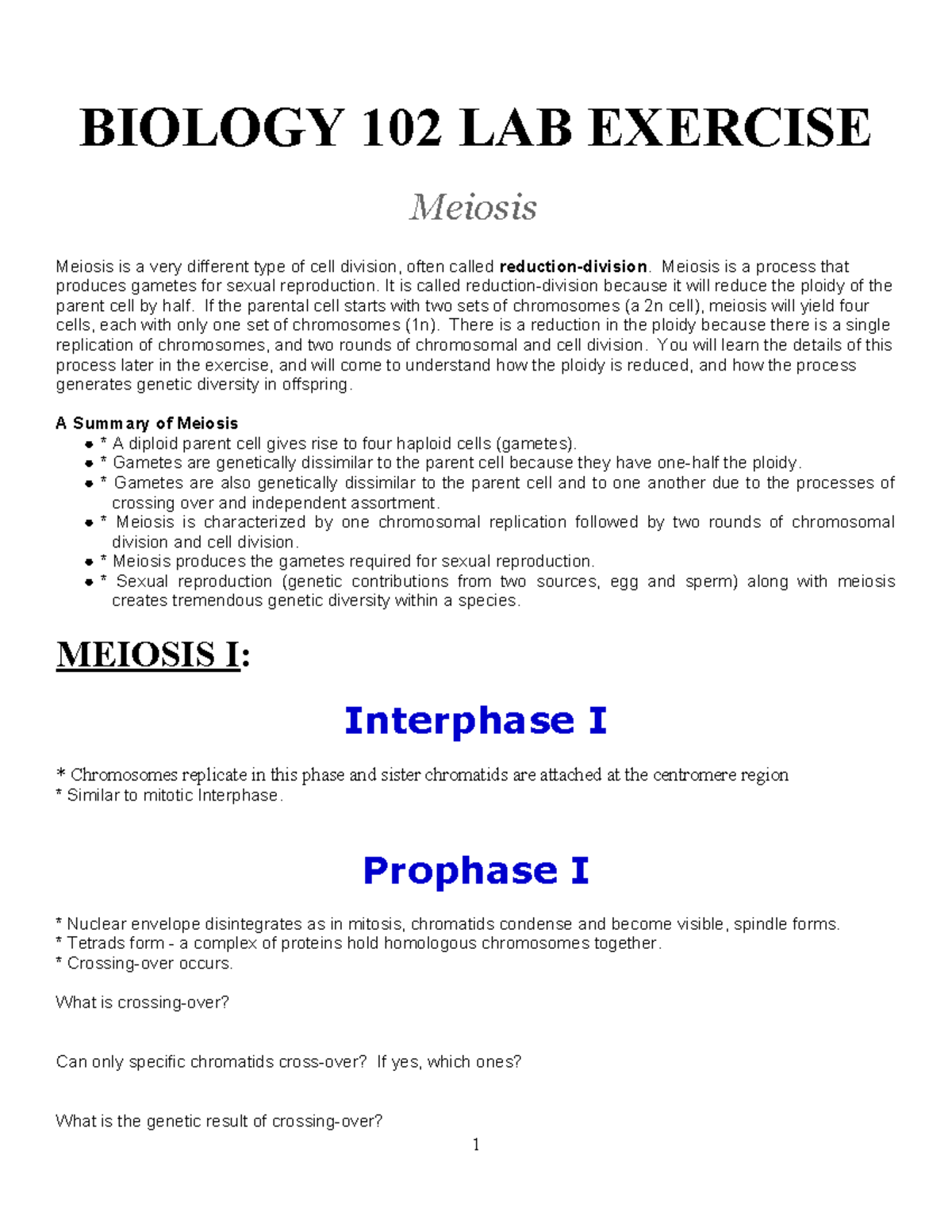 BIOLOGY 102 Final Lab Exercise: Meiosis & Genetic Diversity Insights ...