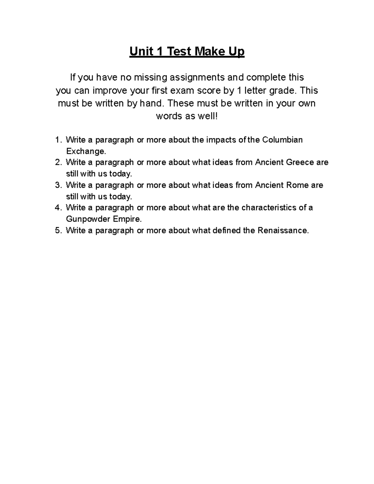 Unit 1 Test Make Up Assignment (2) - Unit 1 Test Make Up If you have no ...