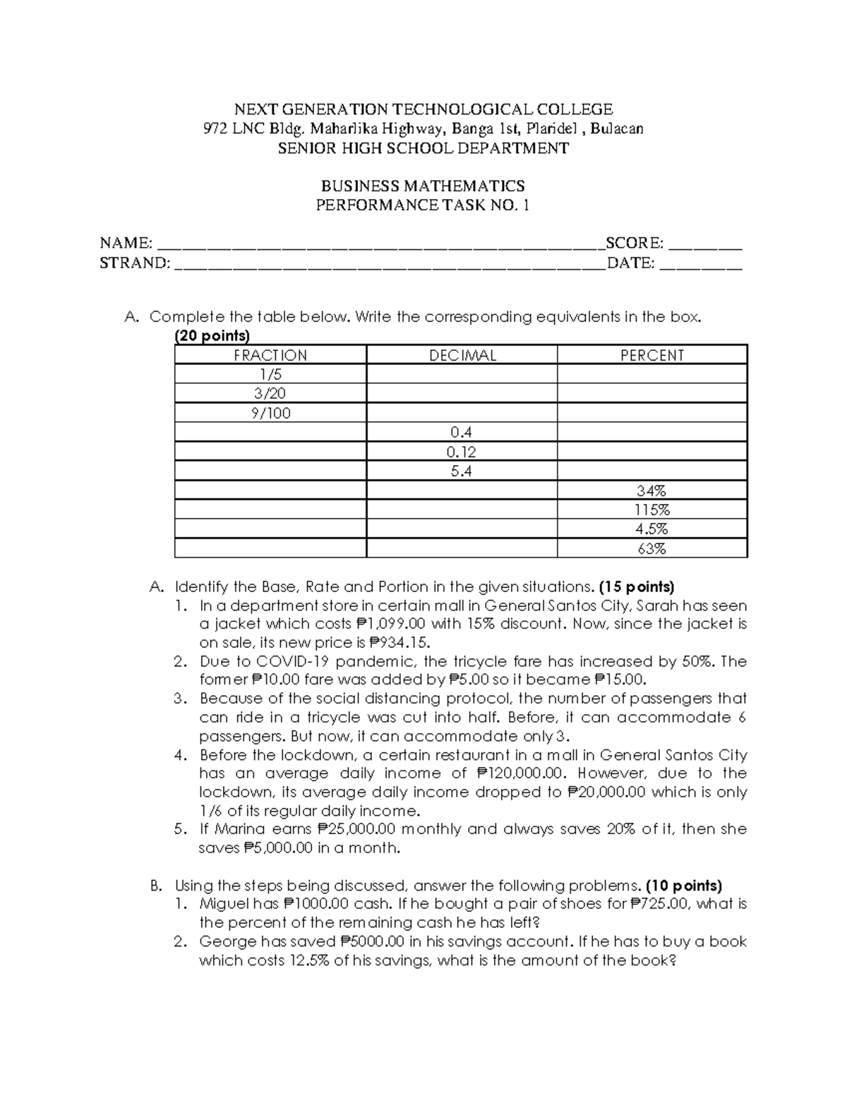 PETA1 Math Performance Task 1 - Business Mathematics Q1 Notes - Studocu