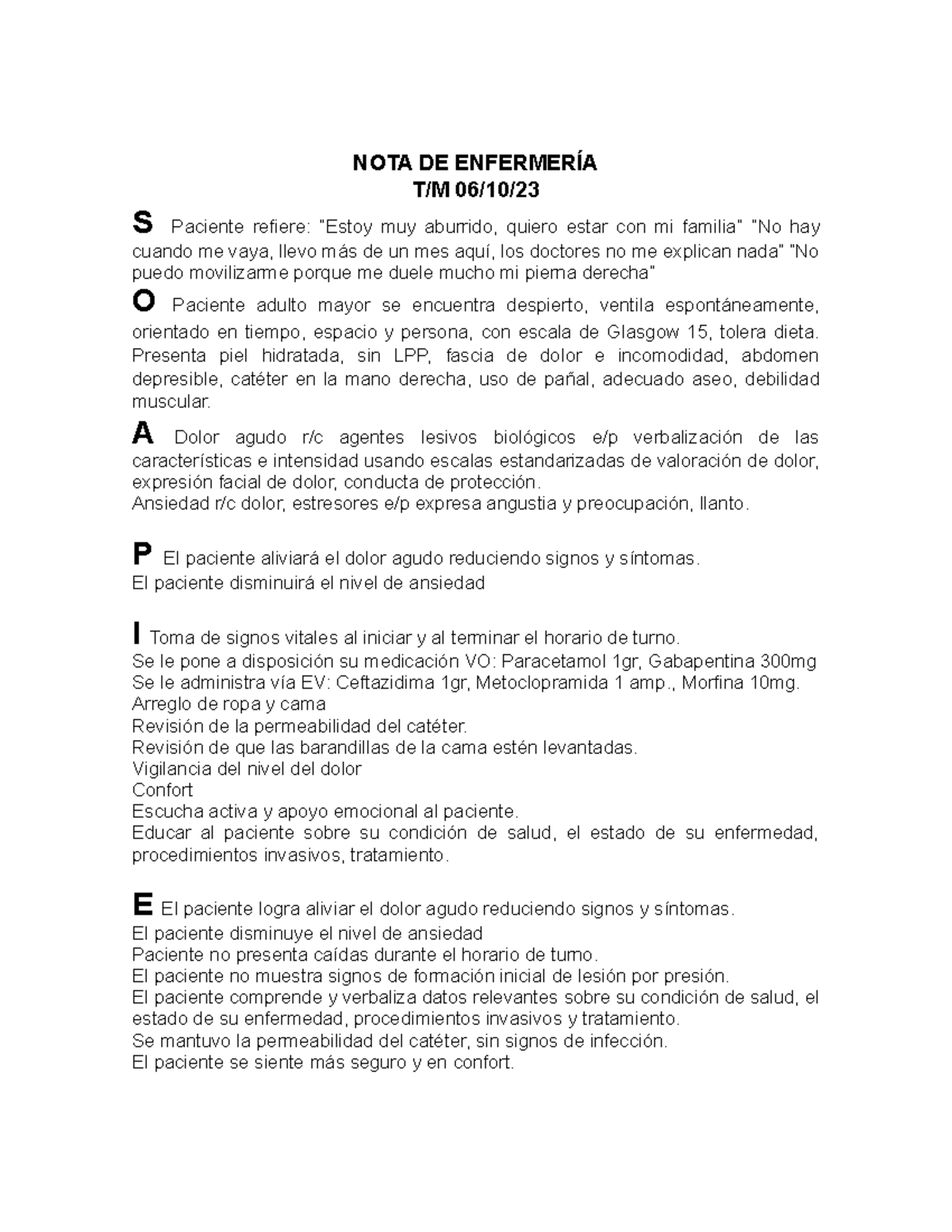 Informe de Nota de Enfermería - T/M 06/10 - Studocu