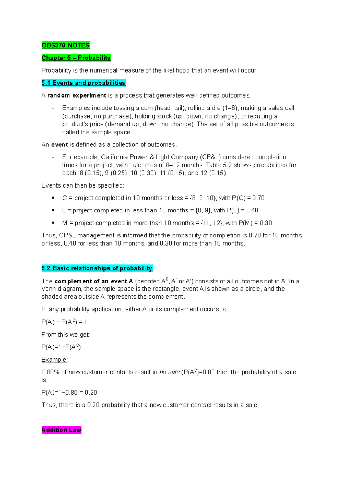 OBS370 NOTES: Chapter 5 - Understanding Probability Concepts - Studocu