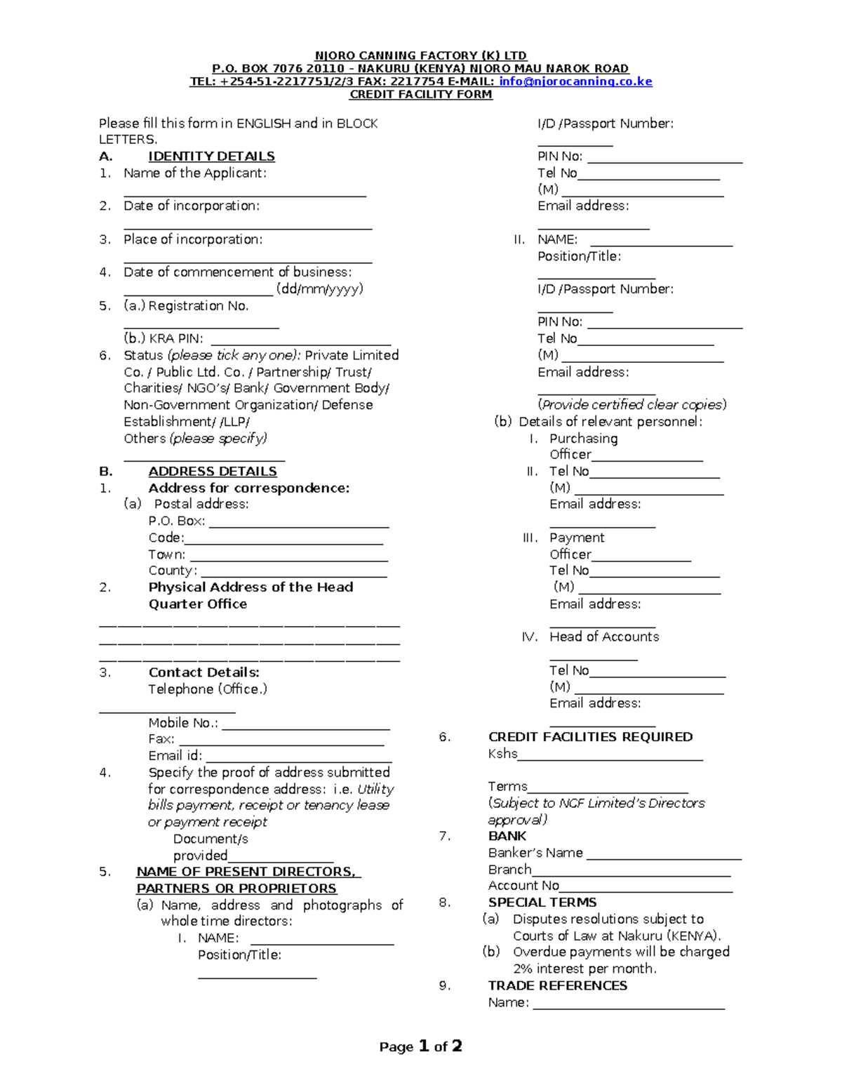 NEW NCF Opening FORM 2024-1 - NJORO CANNING FACTORY (K) LTD P. BOX 7076 ...