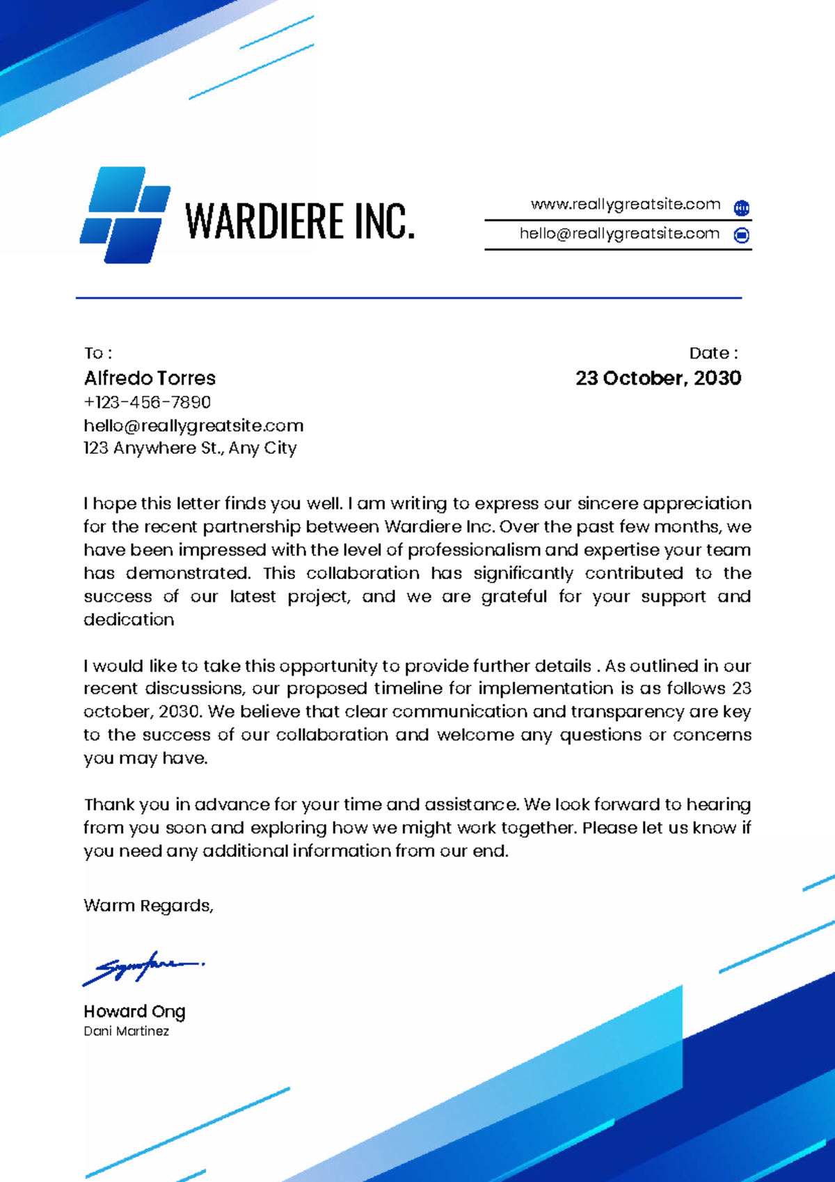 Business Letter Template: Wardiere Inc. Collaboration Details - Studocu
