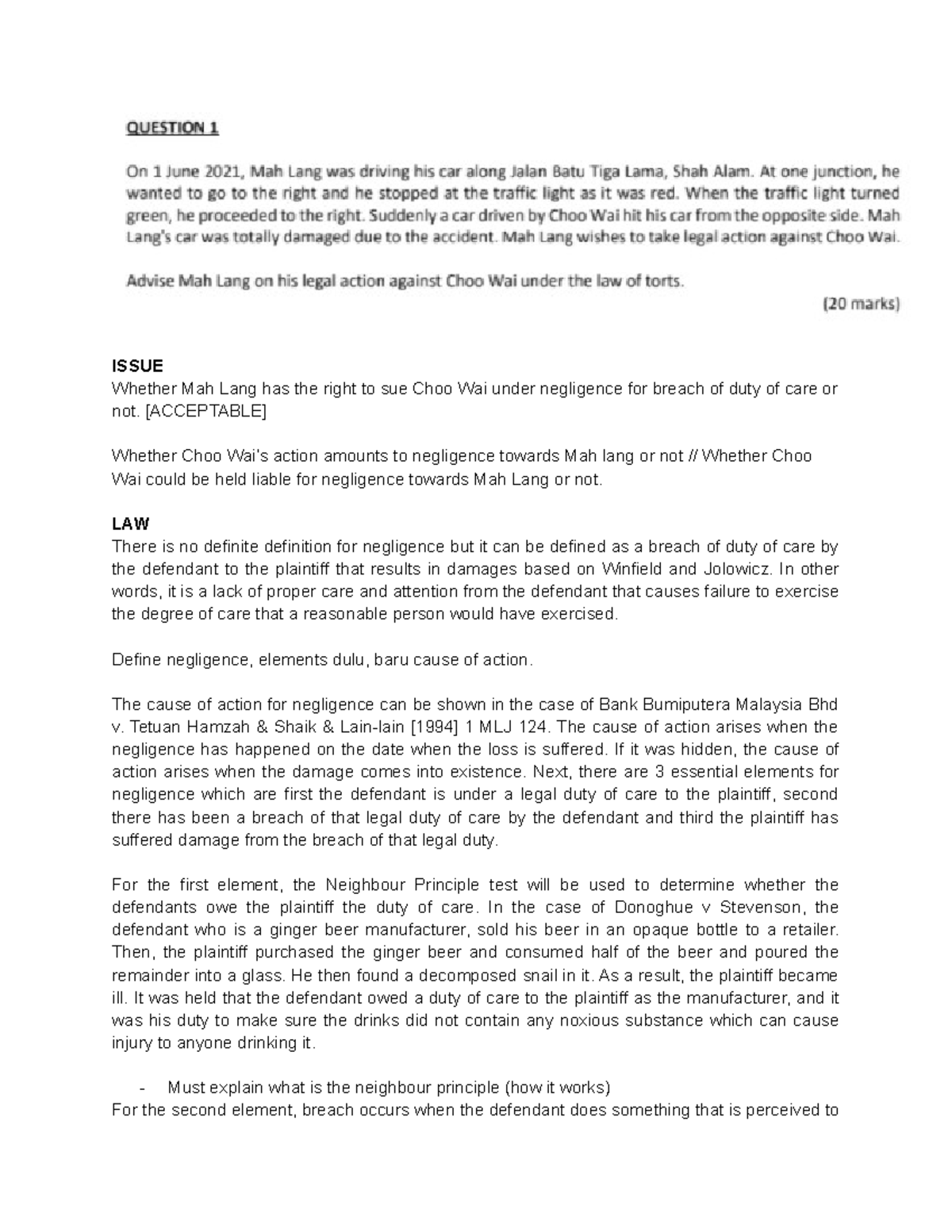 LAW 083 - Tutorial 5 - ISSUE Whether Mah Lang has the right to sue Choo ...