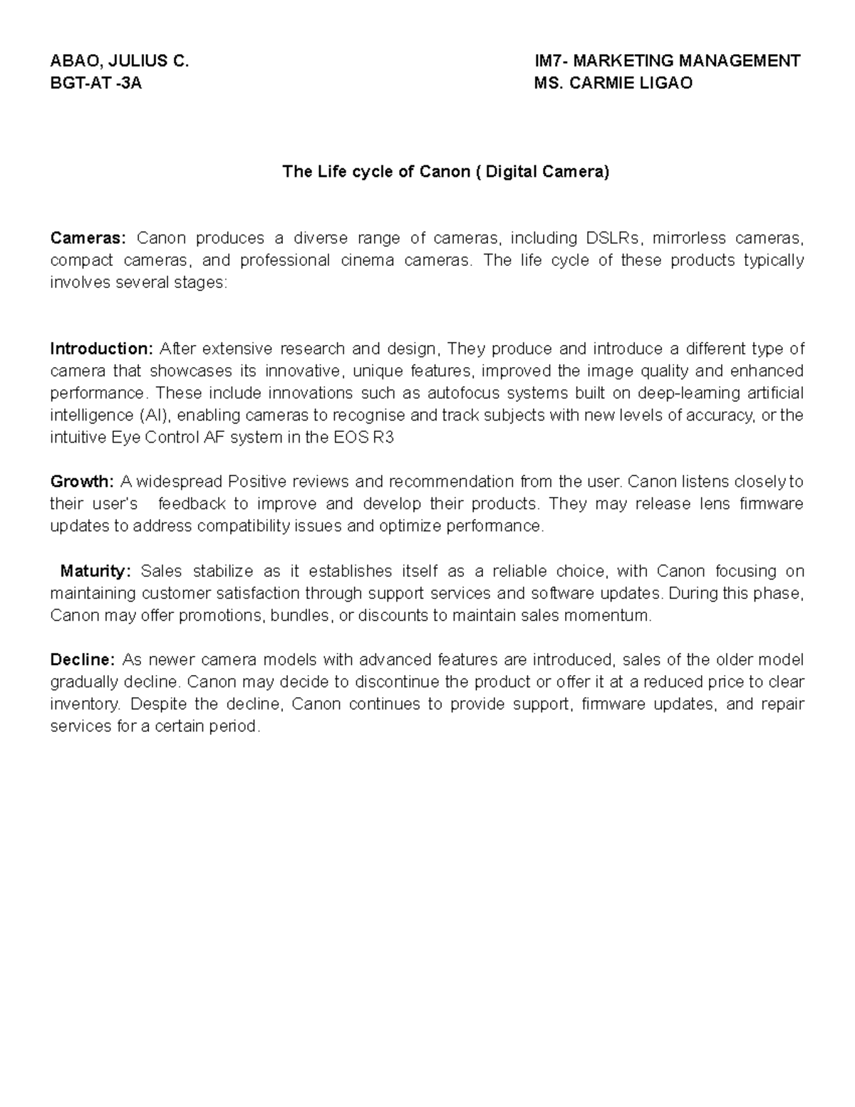 IM7 - Marketing Management: Canon Product Life Cycle & Marketing Plan ...