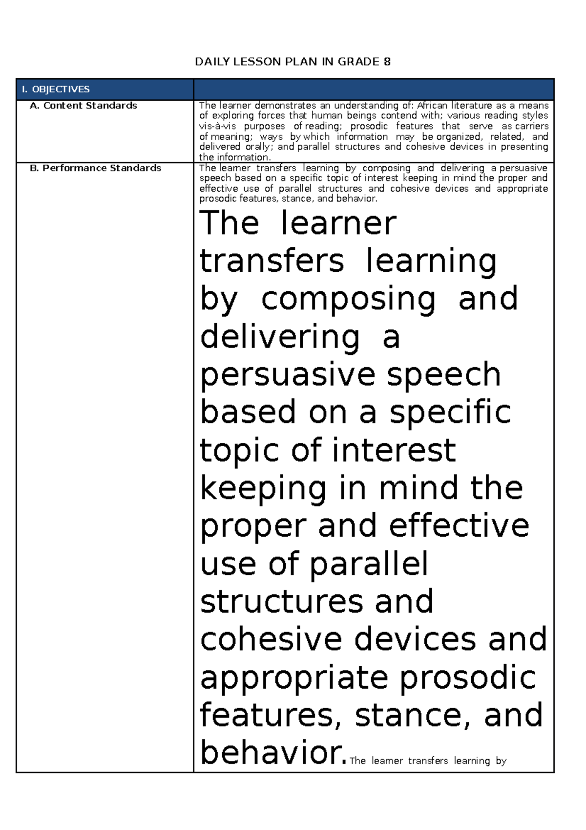 DLP 2 - JKKFEKJFNJKDGBWK - DAILY LESSON PLAN IN GRADE 8 I. OBJECTIVES A ...