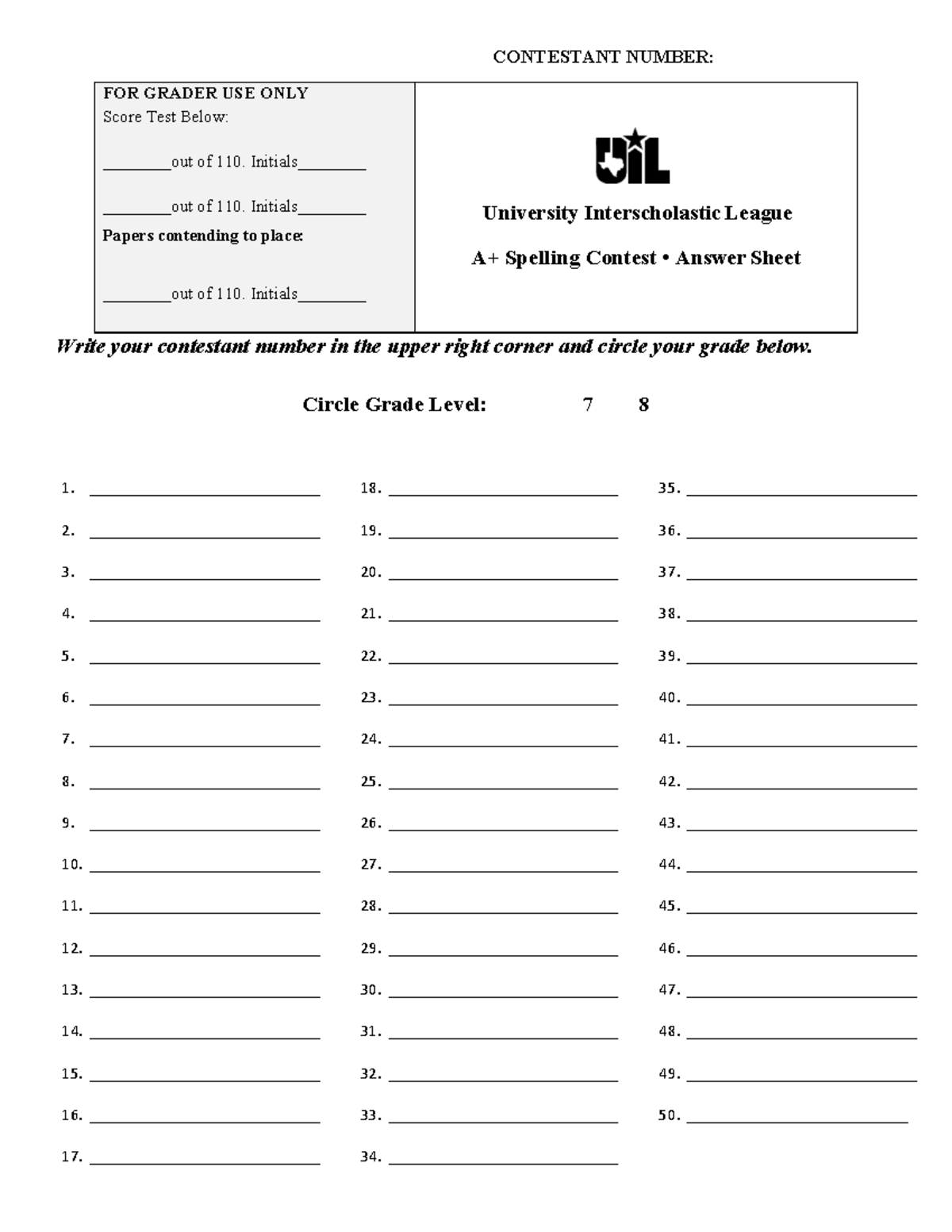 UIL Spelling Contest Answer Sheet - Grade Level 7/8 - Studocu
