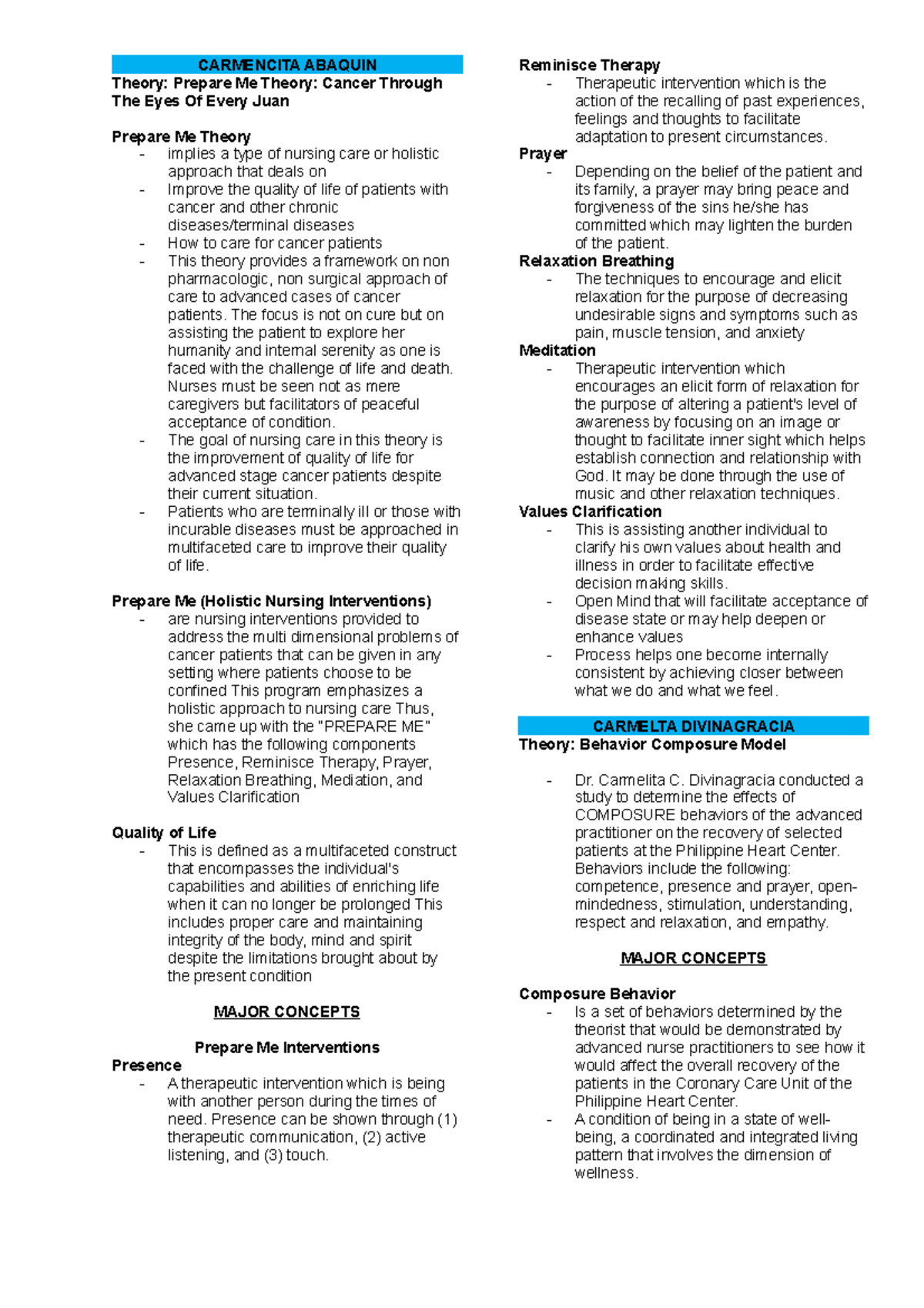 NURS 1011: Carmencita Abaquin's "Prepare Me" Theory on Cancer Care ...