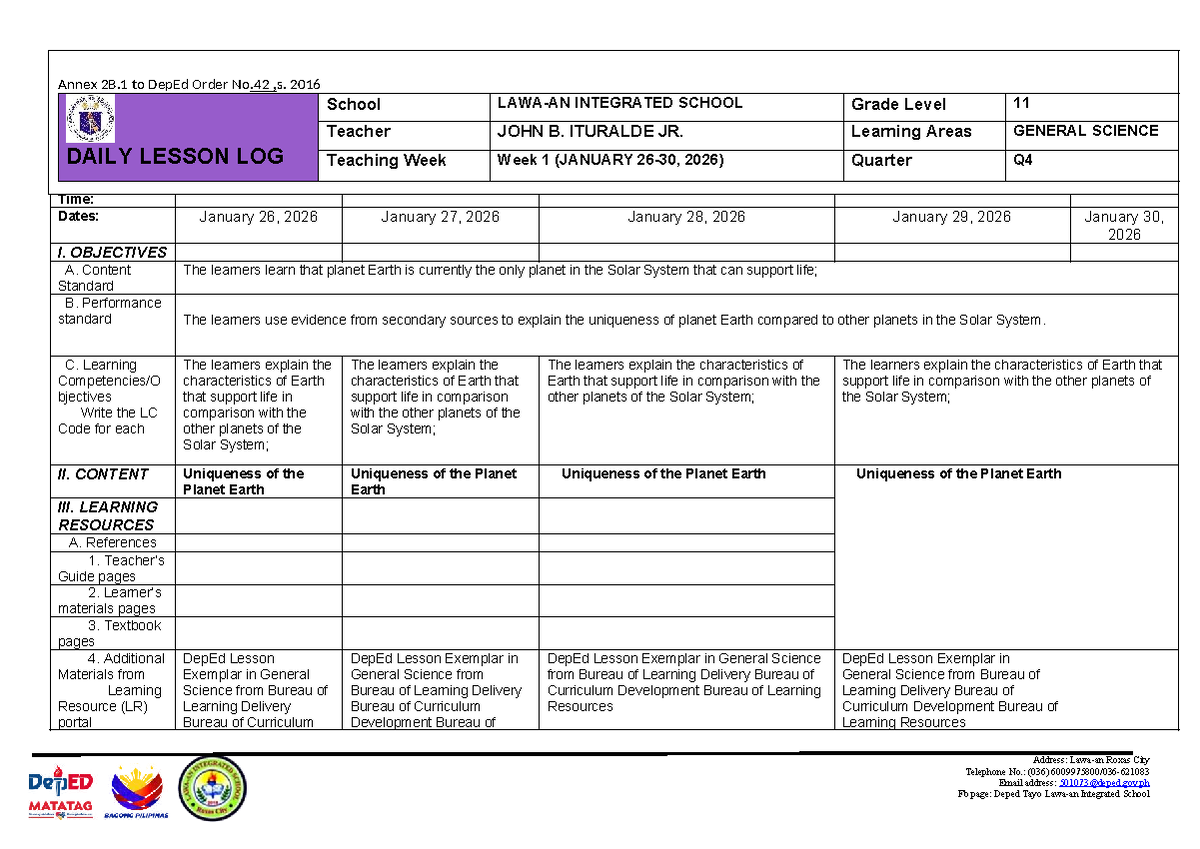 DLL Gen Sci 1 Q4W1: Daily Lesson Log on Earth's Uniqueness - Studocu