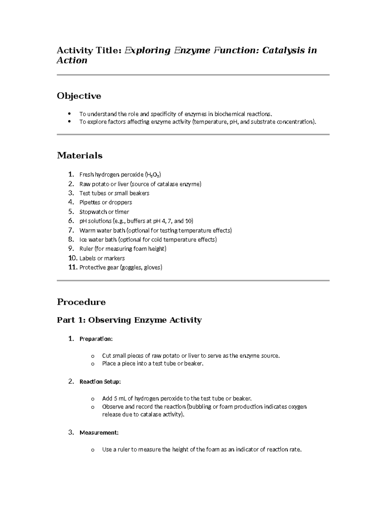 Exploring Enzymatic Activity: Enzyme Function & Catalysis Lab - Studocu
