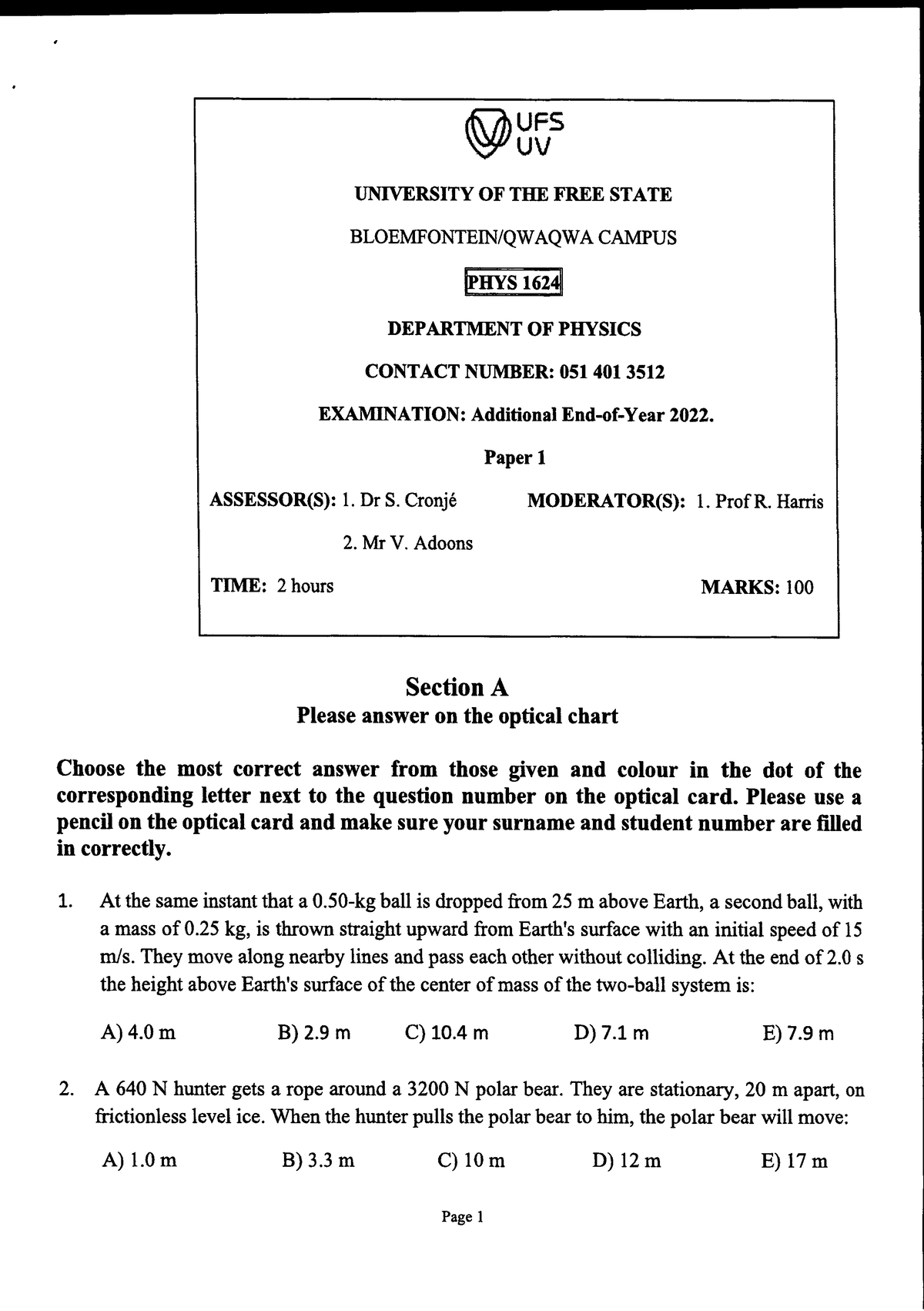 PHYS 1624 2022 Additional Exam Paper 1 - Physics Concepts and Problems - Studocu