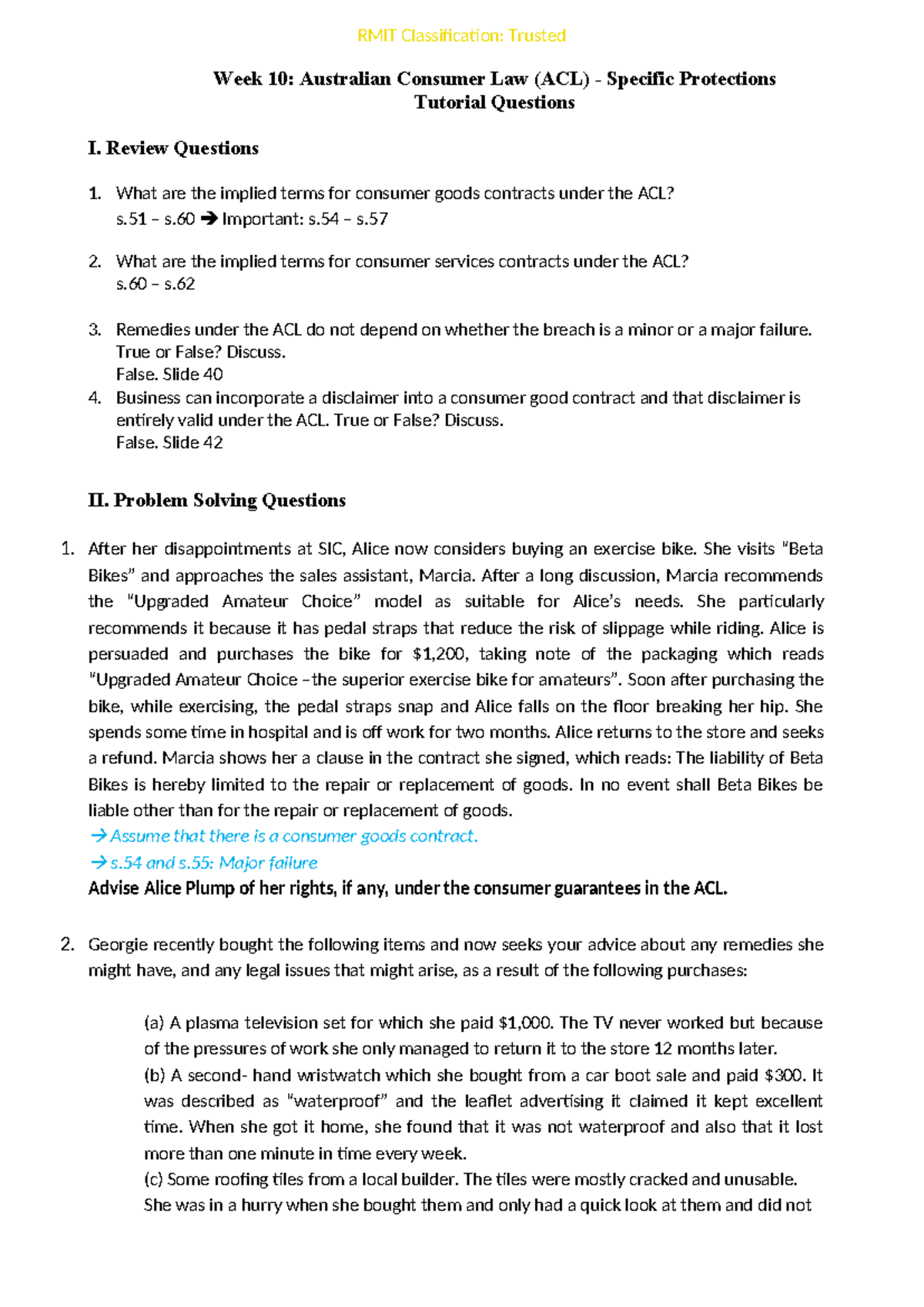 Week 10 Tutorial Questions on Australian Consumer Law (ACL) - Studocu