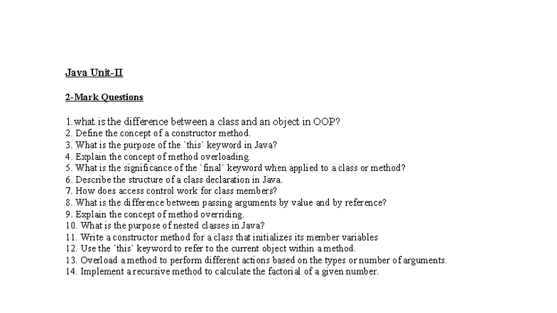 Java Unit2 - Important Questions on OOP Concepts and Methods - Studocu