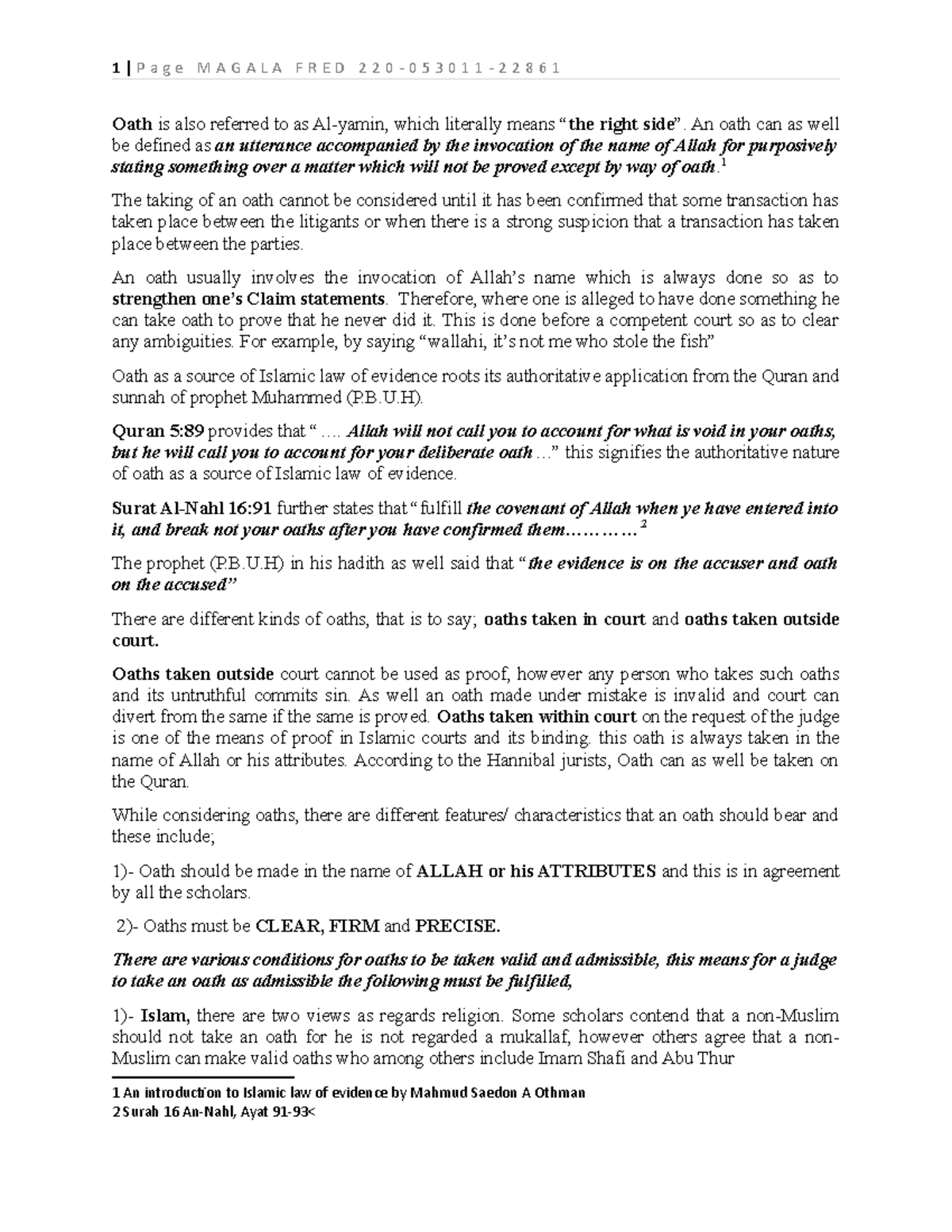 Oath in islamic law of evidence - 1 | P a g e M A G A L A F R E D 2 2 0 ...