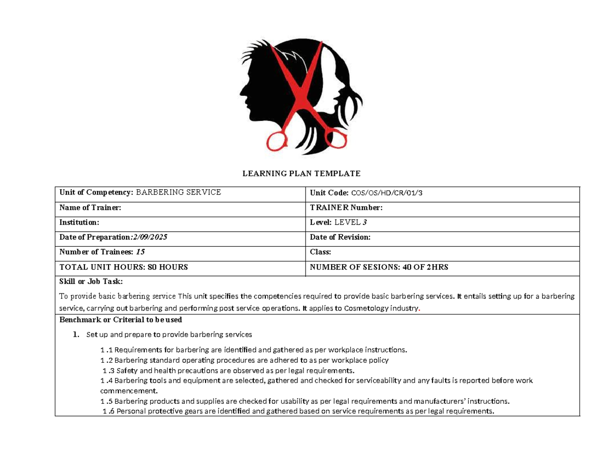 Barbering Service Learning Plan Template (Unit Code: LEVEL 3) - Studocu