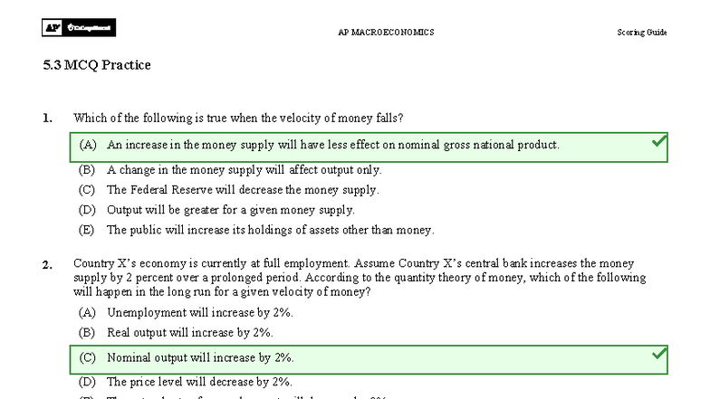 AP MACROECONOMICS 5.3 MCQ Practice Answers Guide - Studocu