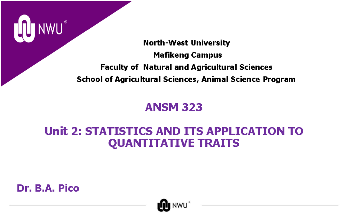 ANSM 323 - Unit 2: Statistics & Applications in Quantitative Traits - Studocu
