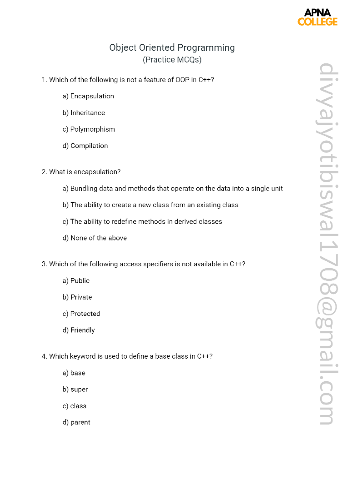 OPR 101 Final Exam MCQs - Object Oriented Programming Essentials - Studocu