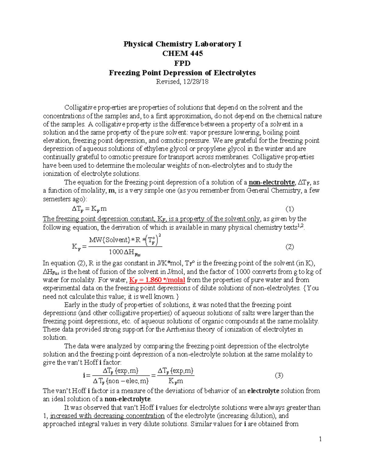Freezing Point Depression of Electrolytes in CHEM 445 Lab - Studocu