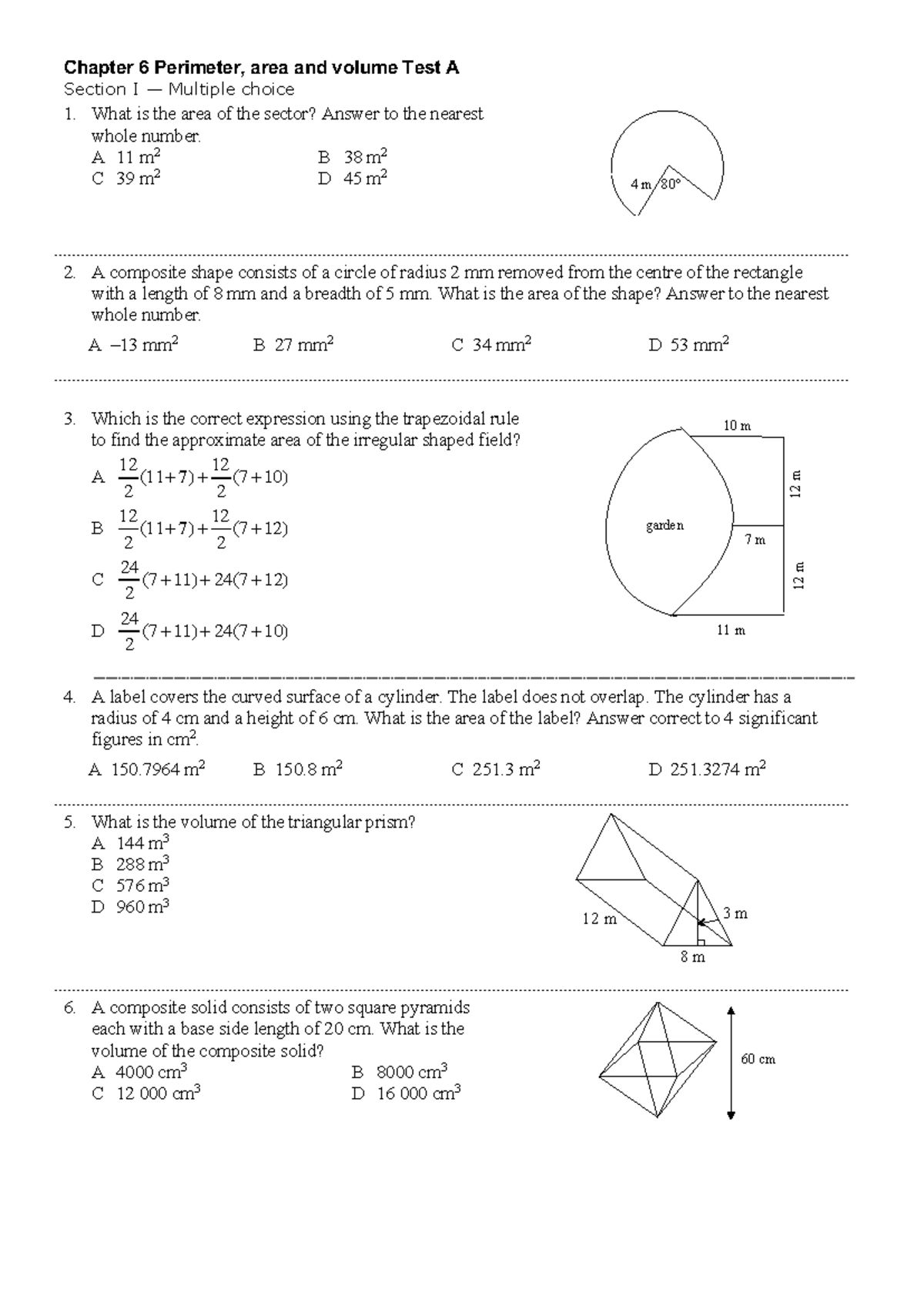 Chapter 6 Perimeter, Area, and Volume Test A & B Solutions - Studocu