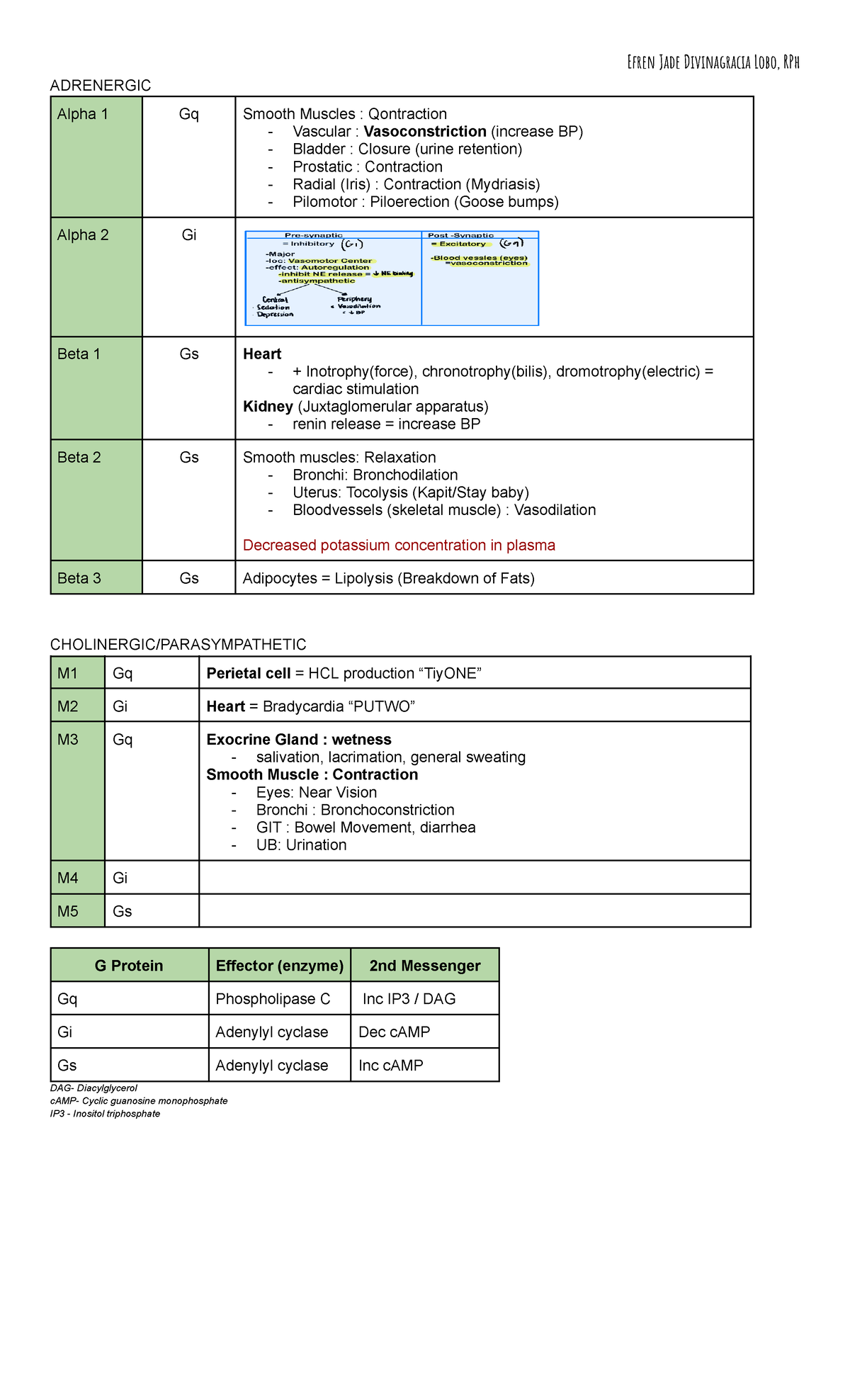 Pharmacology Summary Table — EJL: Adrenergic & Cholinergic Drug Actions ...