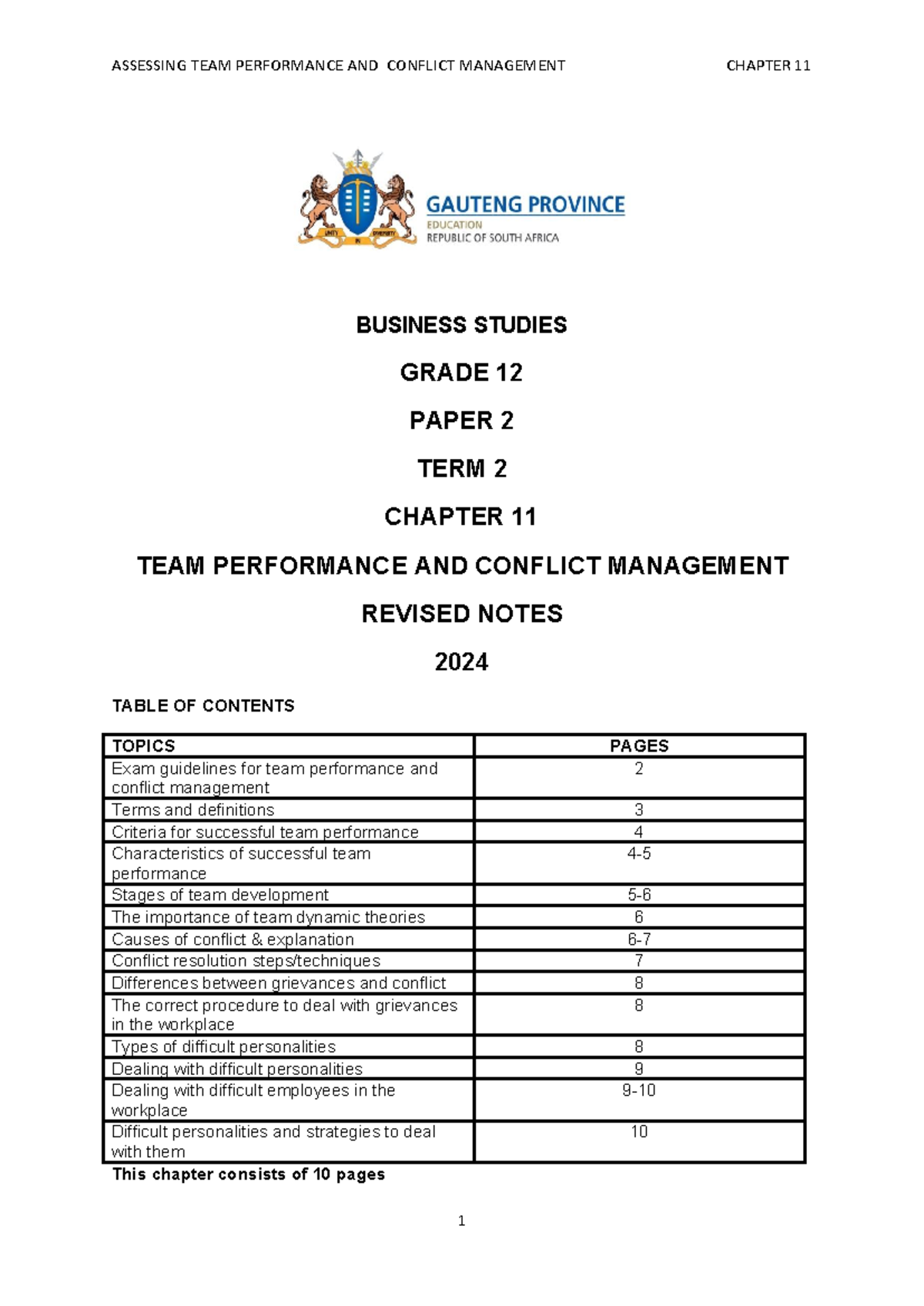 BUSINESS STUDIES GRADE 12 TERM 2 CHAPTER 11 TEAM PERFORMANCE & CONFLICT ...