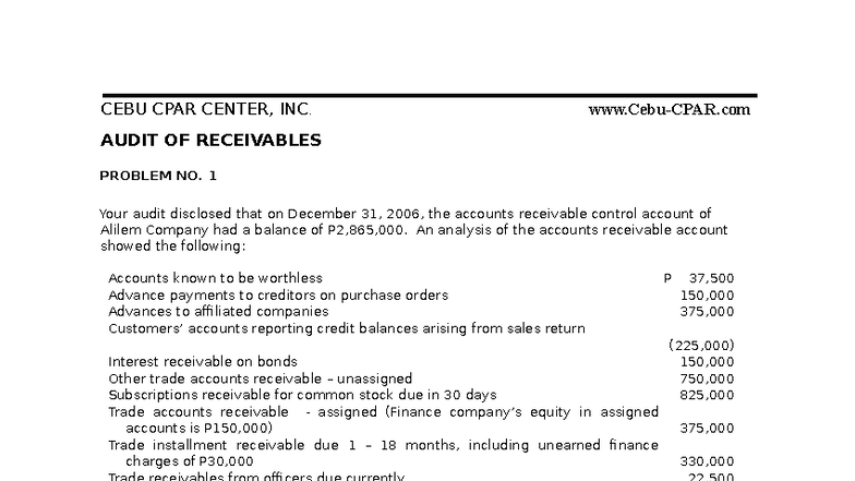 CEBU CPAR CENTER, INC. AUDIT OF RECEIVABLES - PROBLEM SET 1 - Studocu