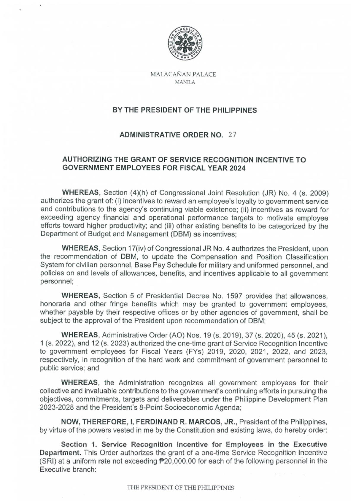 AO 27 SRI 2024 - SSS - ANGULO MALACANAN PALACE MANILA THE PRESIDENT OF ...