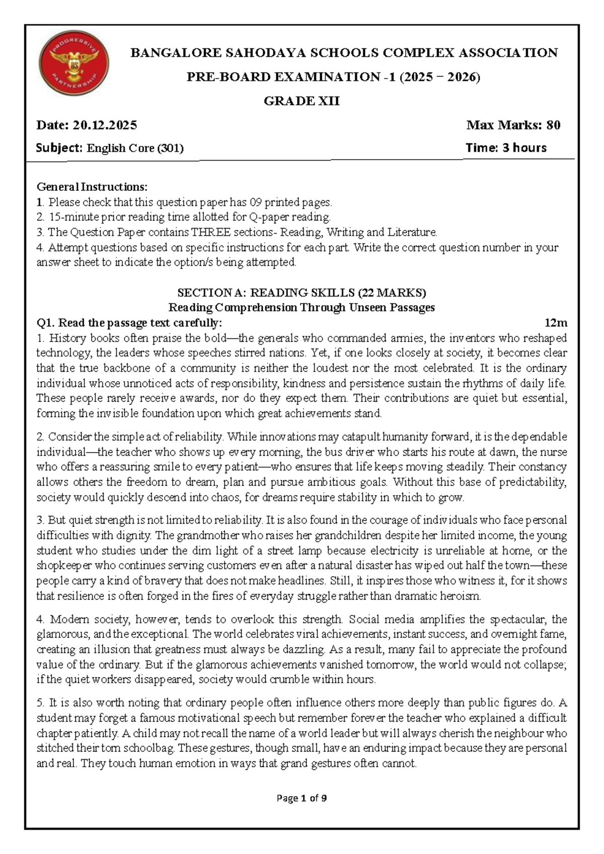 Bangalore Sahodaya Preboard 1 Exam Paper - English Core (301) 2025-2026 ...