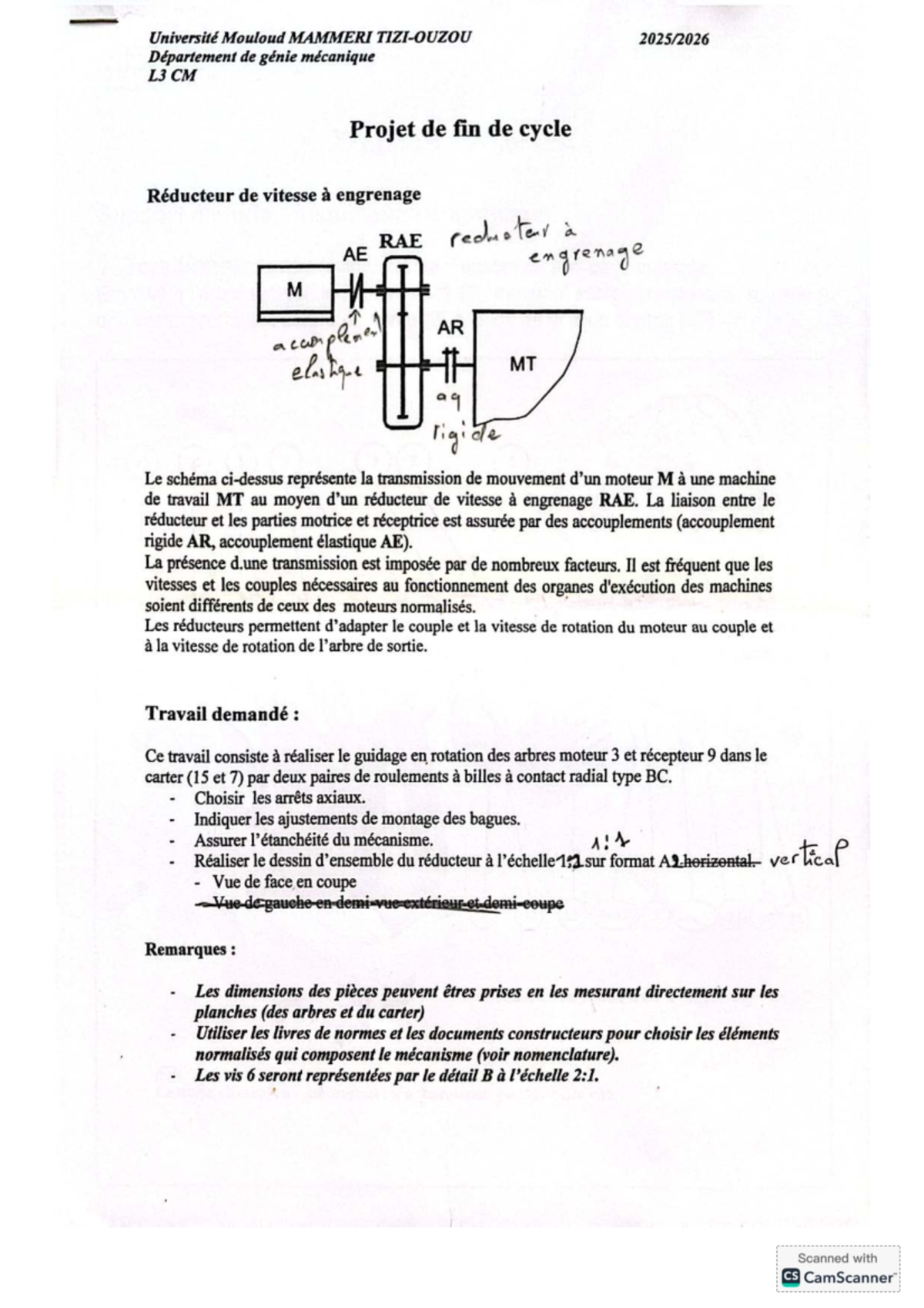 Projet de fin de cycle L3 CM : Réducteur de vitesse à engrenage - Studocu