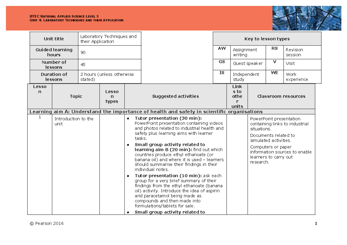 BTEC16 NAT Appsci Unit 4: Laboratory Techniques & Applications Guide - Studocu