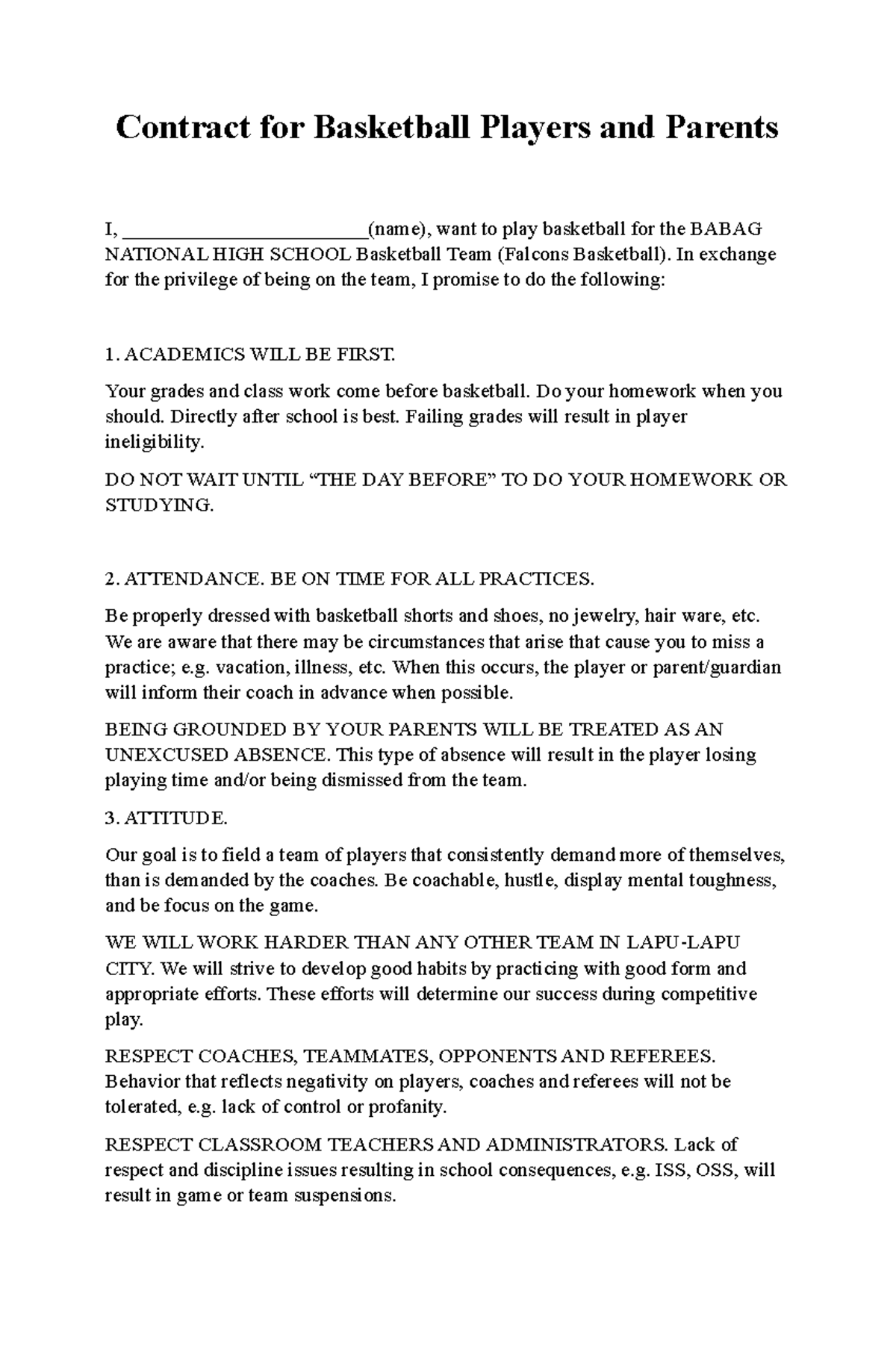 Contract for Basketball Players and Parents - In exchange for the ...