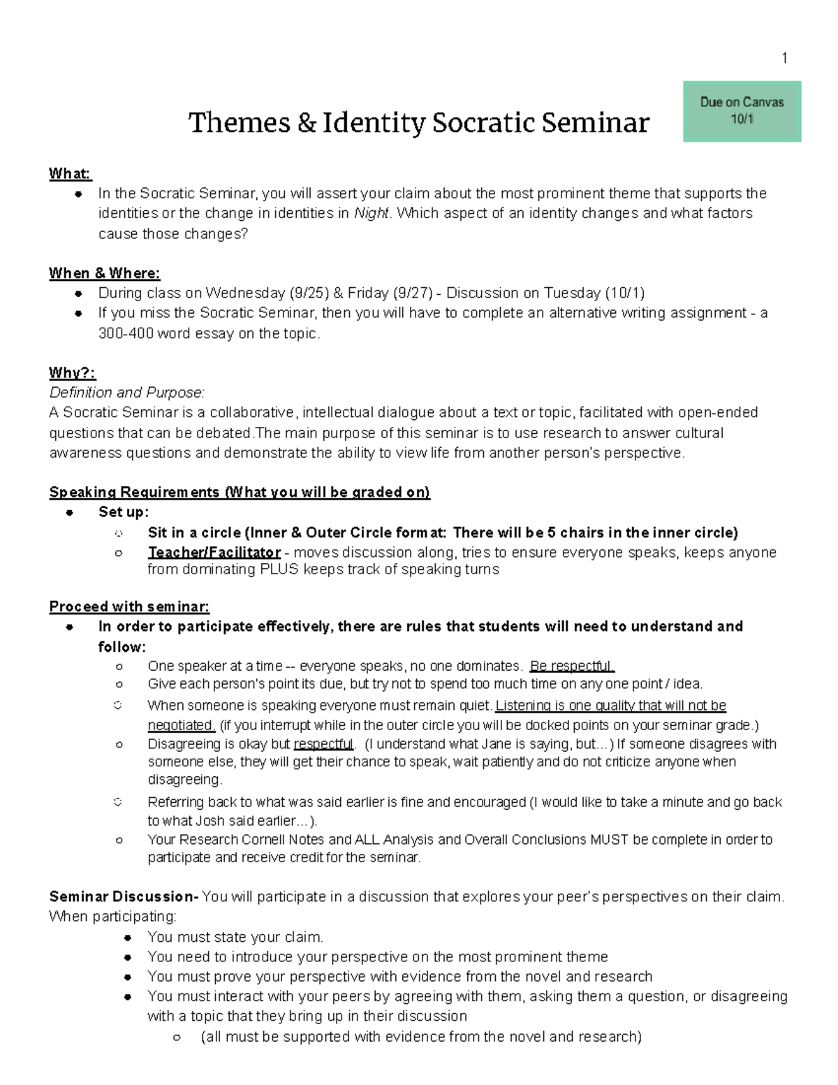 Night Seminar Planner - Themes & Identity Socratic Seminar What: In the ...