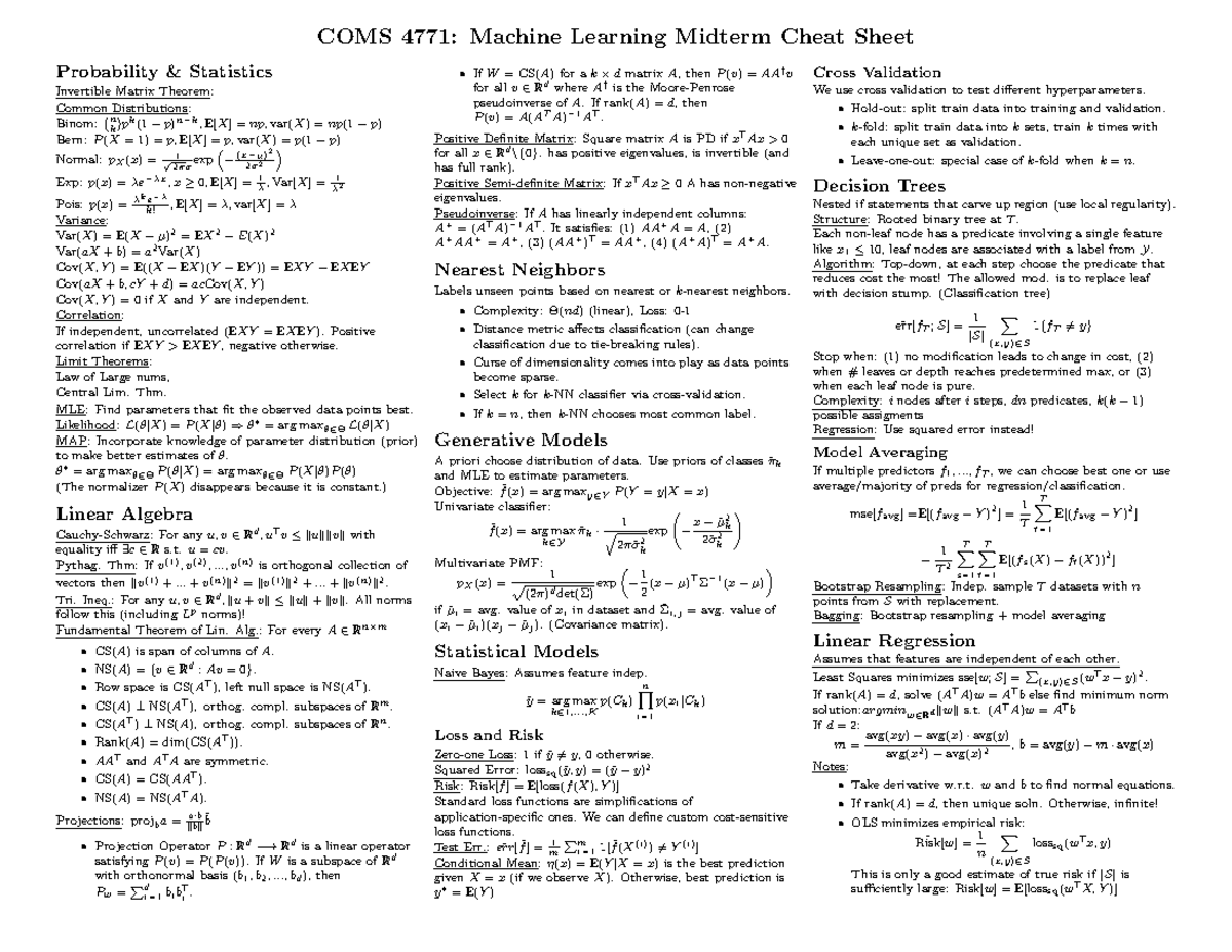 COMS 4771: Machine Learning Midterm 1 Comprehensive Cheat Sheet - Studocu