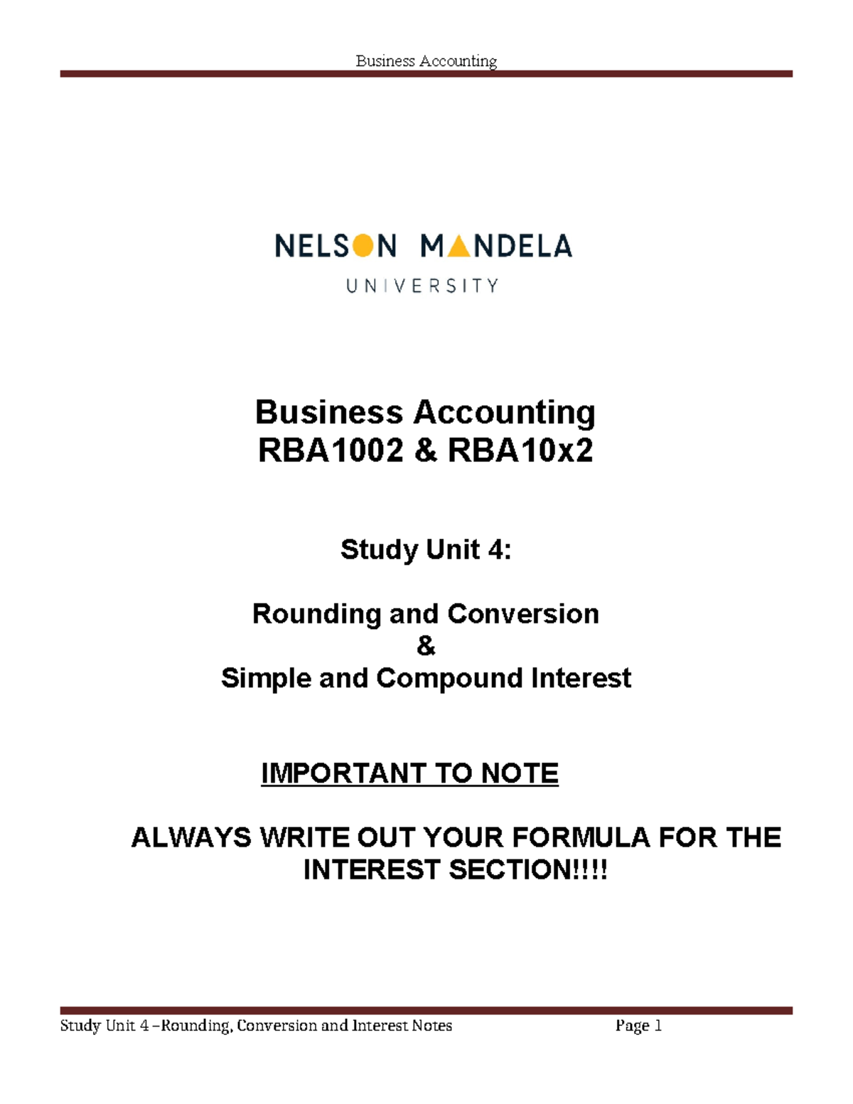 RBA1002 Study Unit 4: Rounding, Conversion & Interest Notes - Studocu