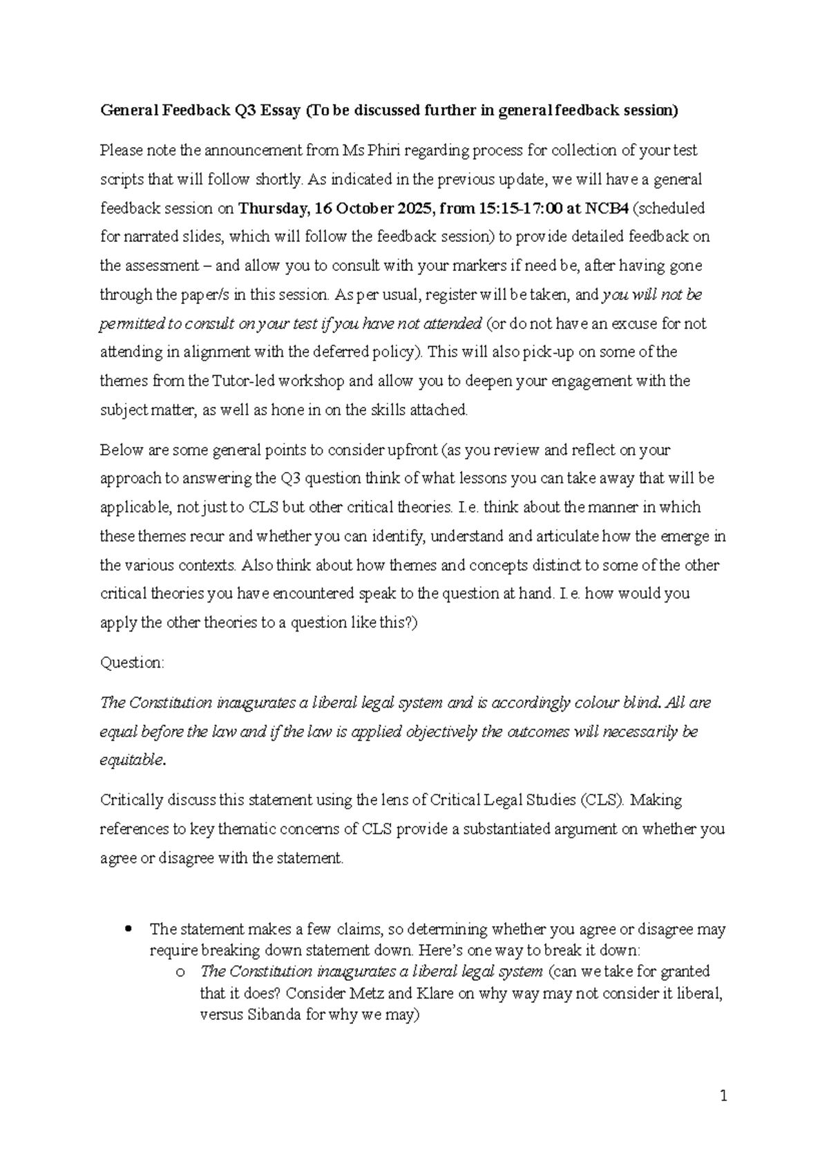 General Feedback on Q3 Essay: CLS Perspective Analysis - Studocu